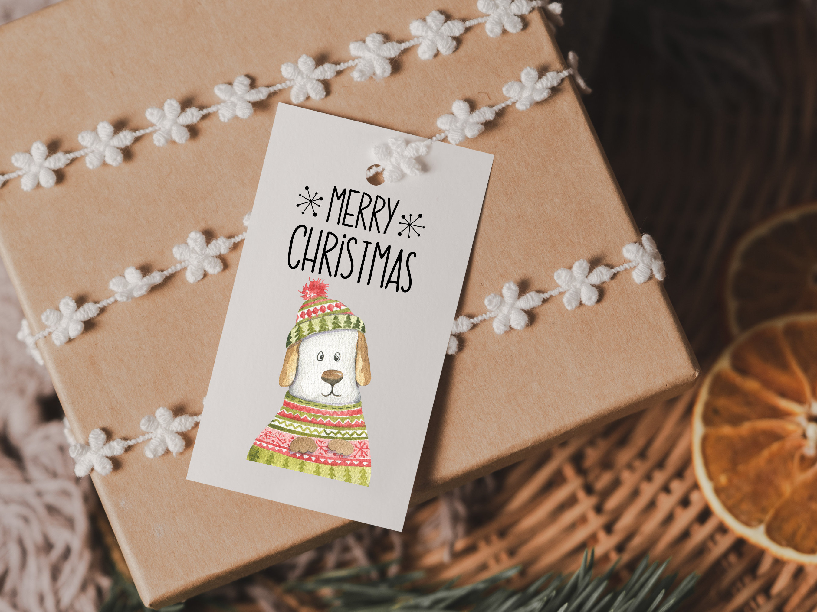 Printable Christmas Tag Printable Watercolor Christmas Label Cute Dog ...