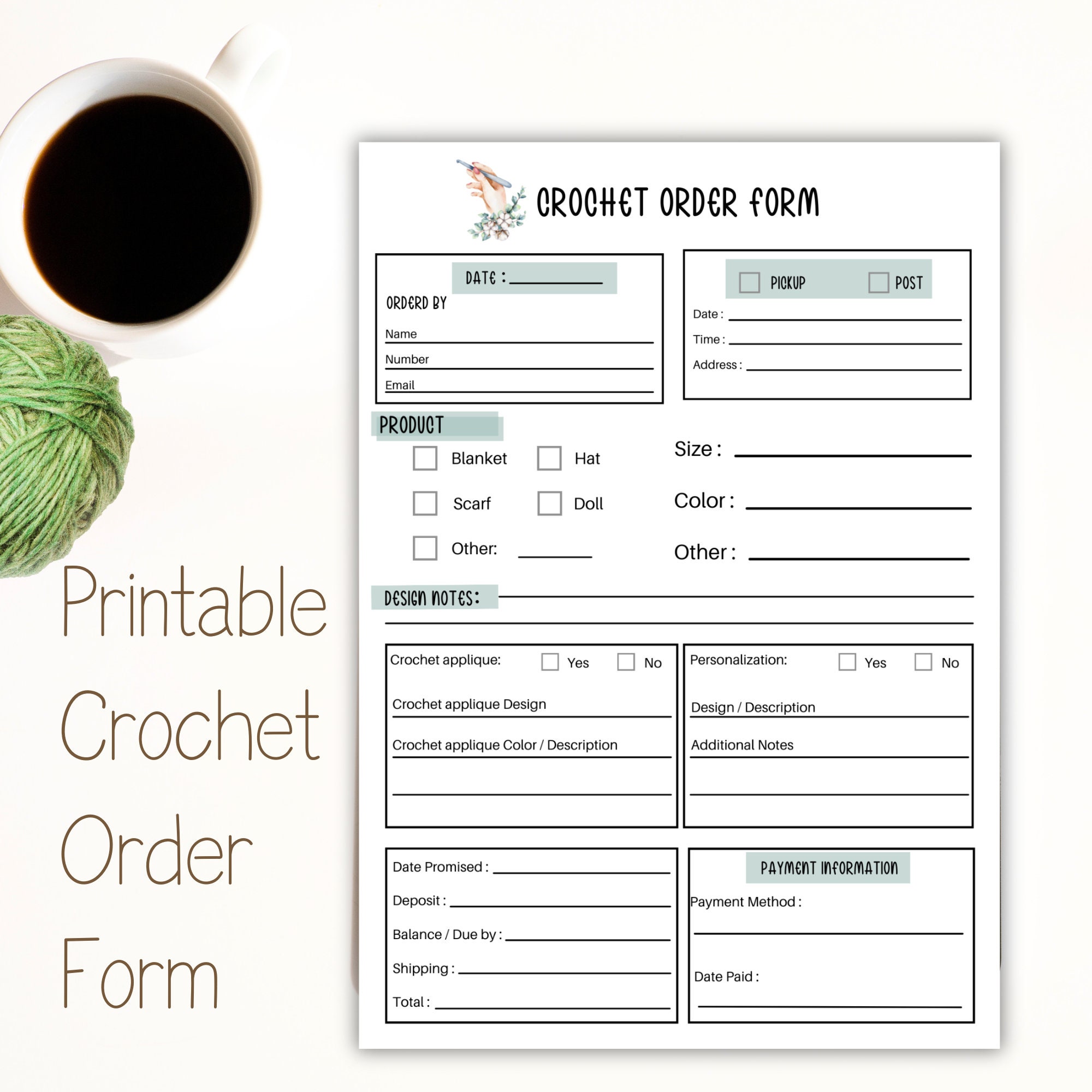 CROCHET ORDER Form Printable Crochet Business Order Form Crochet Small ...
