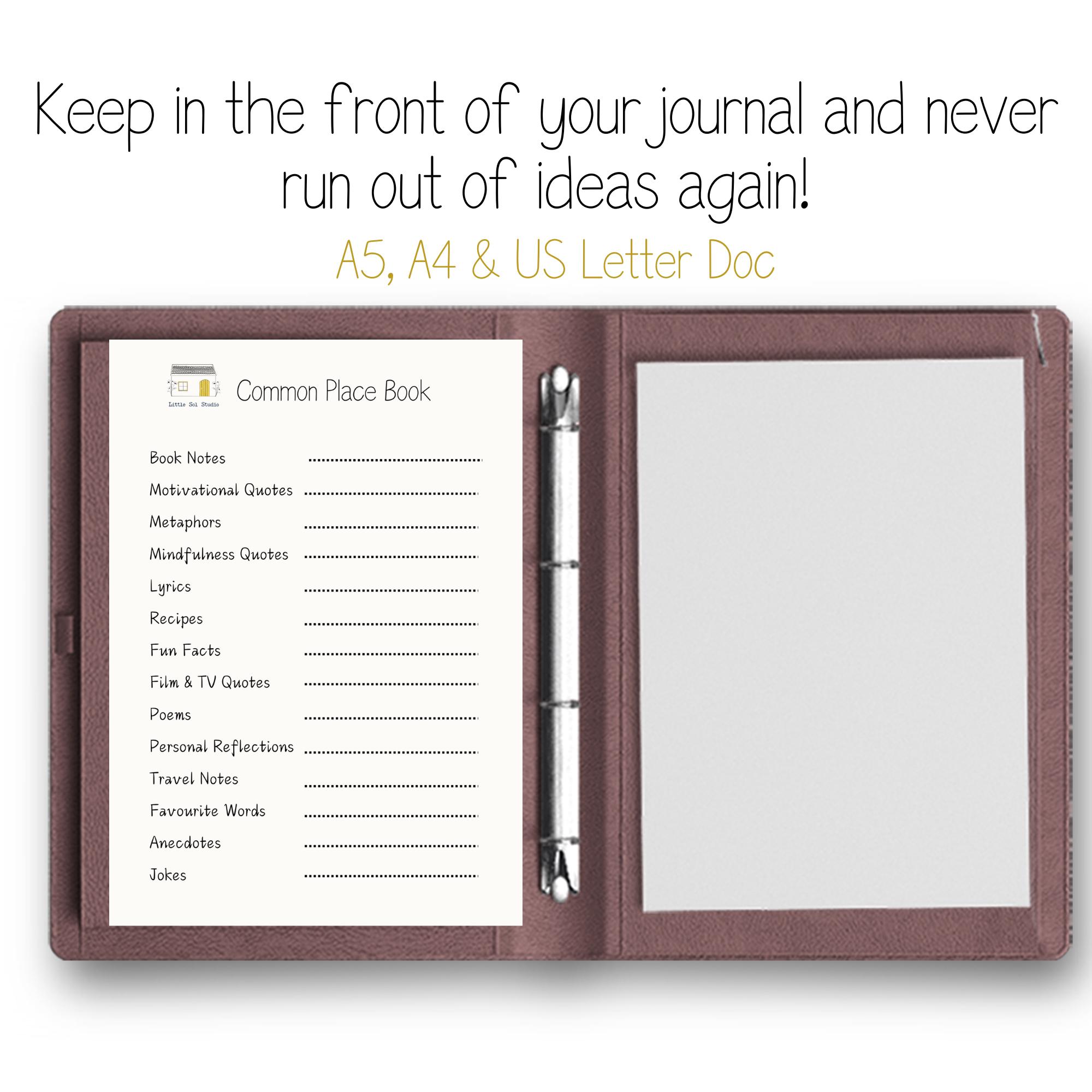 Commonplace Book Index Printable Commonplace Book Trigger List ...