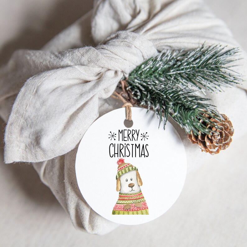 Printable Christmas Tag Printable Watercolor Christmas Label Cute Dog ...