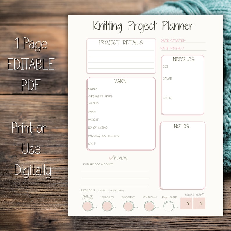 KNITTING PLANNER Page Minimalist Knitting Printable Planner Editable ...