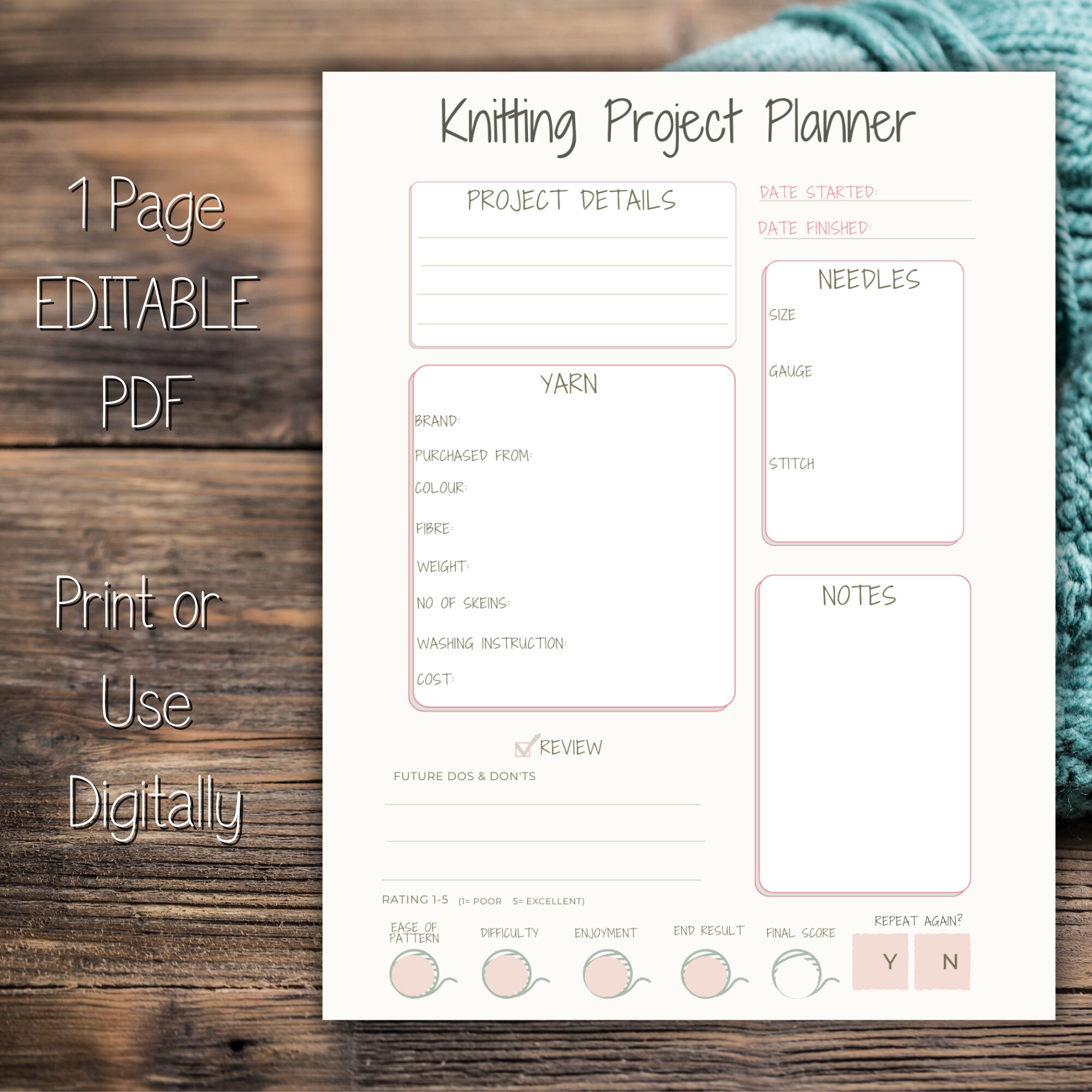 KNITTING PLANNER Page Minimalist Knitting Printable Planner Editable ...