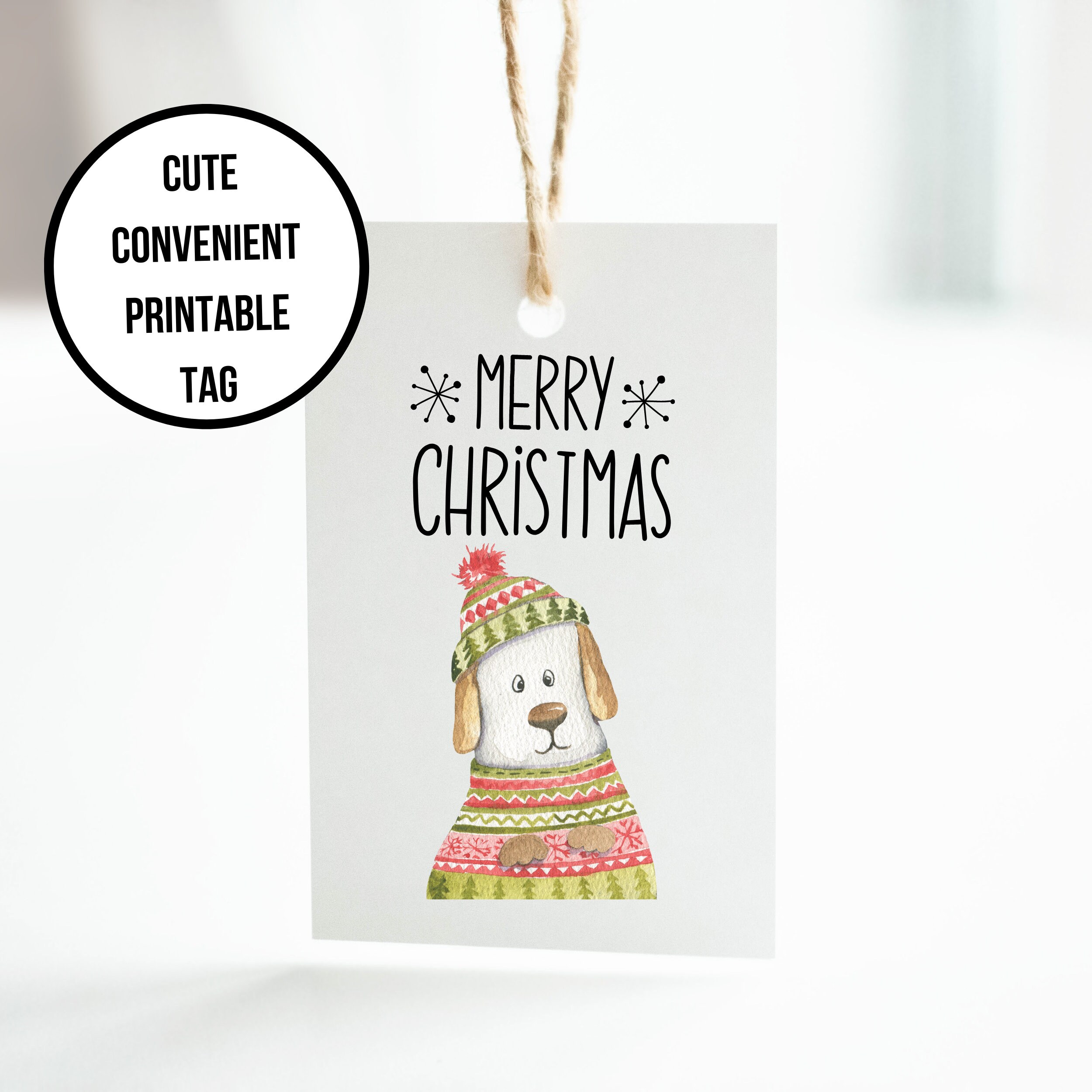 Printable Christmas Tag Printable Watercolor Christmas Label Cute Dog ...