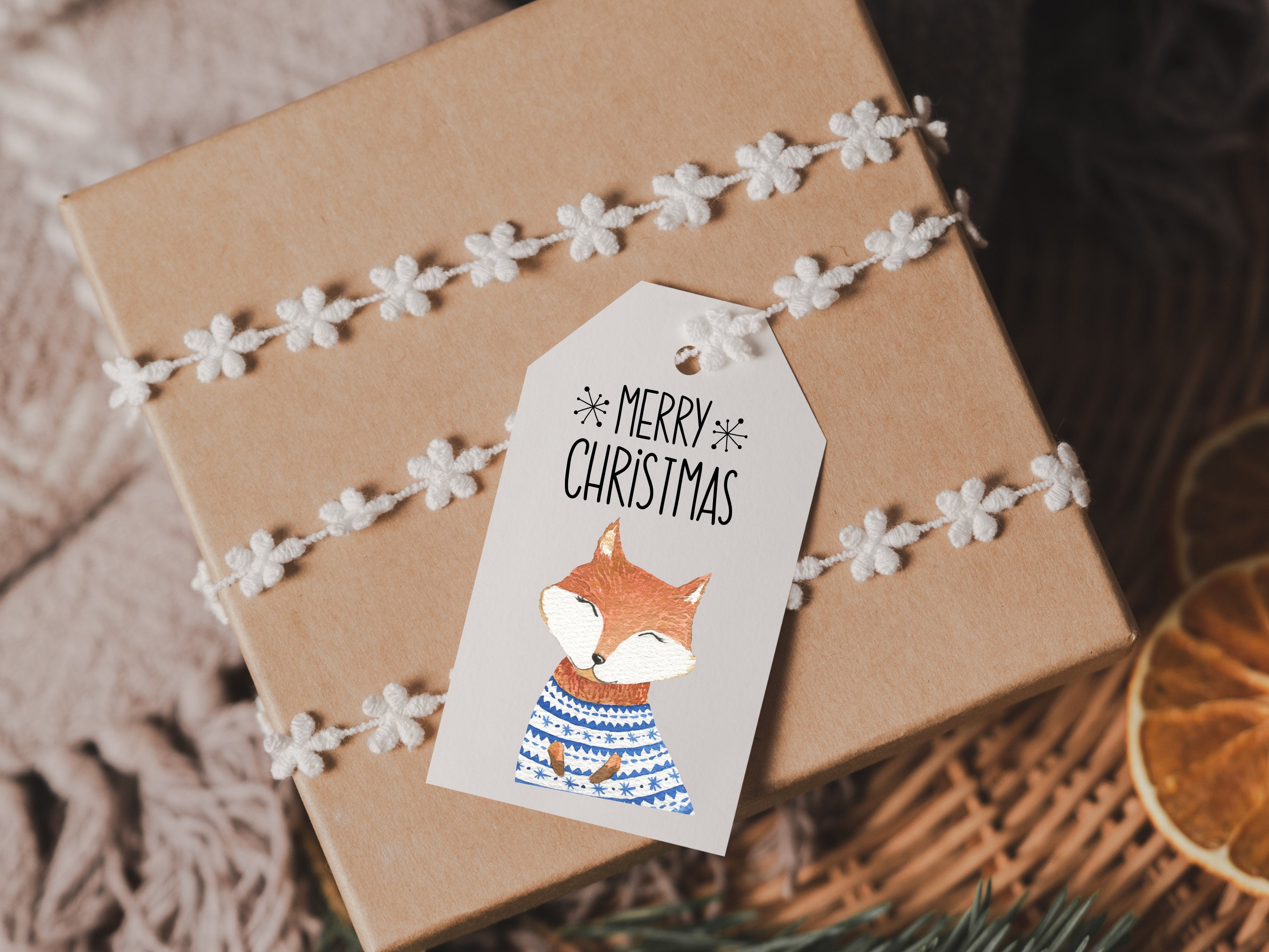 Printable Christmas Tag Printable Watercolor Christmas Label Cute Fox ...