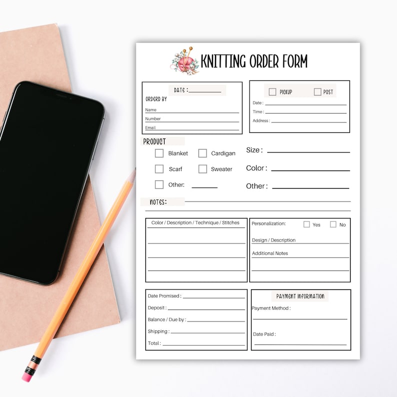 KNITTING ORDER Form Printable Knitting Business Order Form Knitting ...