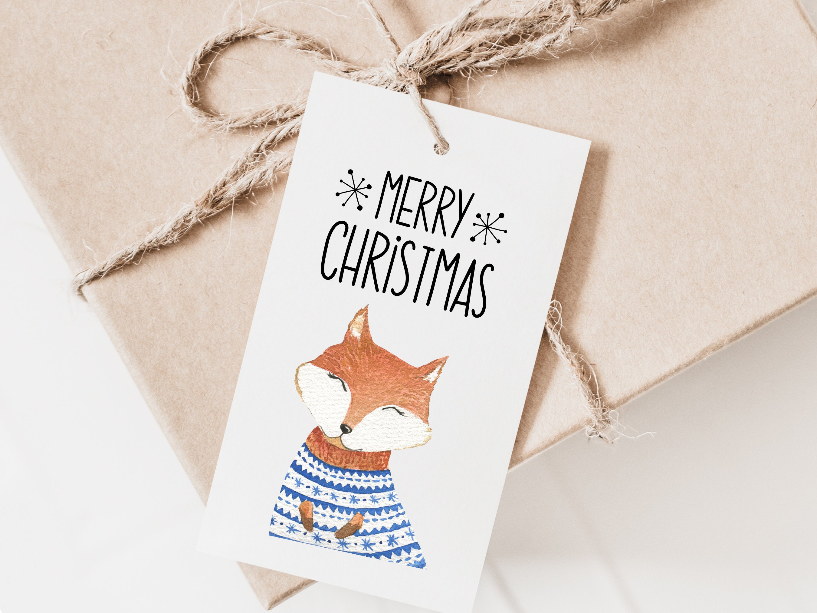 Printable Christmas Tag Printable Watercolor Christmas Label Cute Fox ...