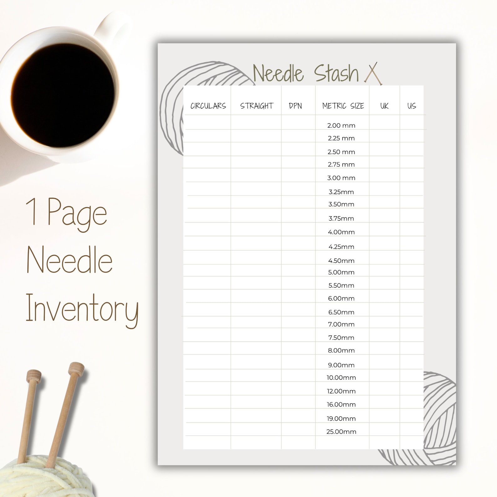 Knitting Needle Inventory Printable and Fillable PDF- Downloadable ...
