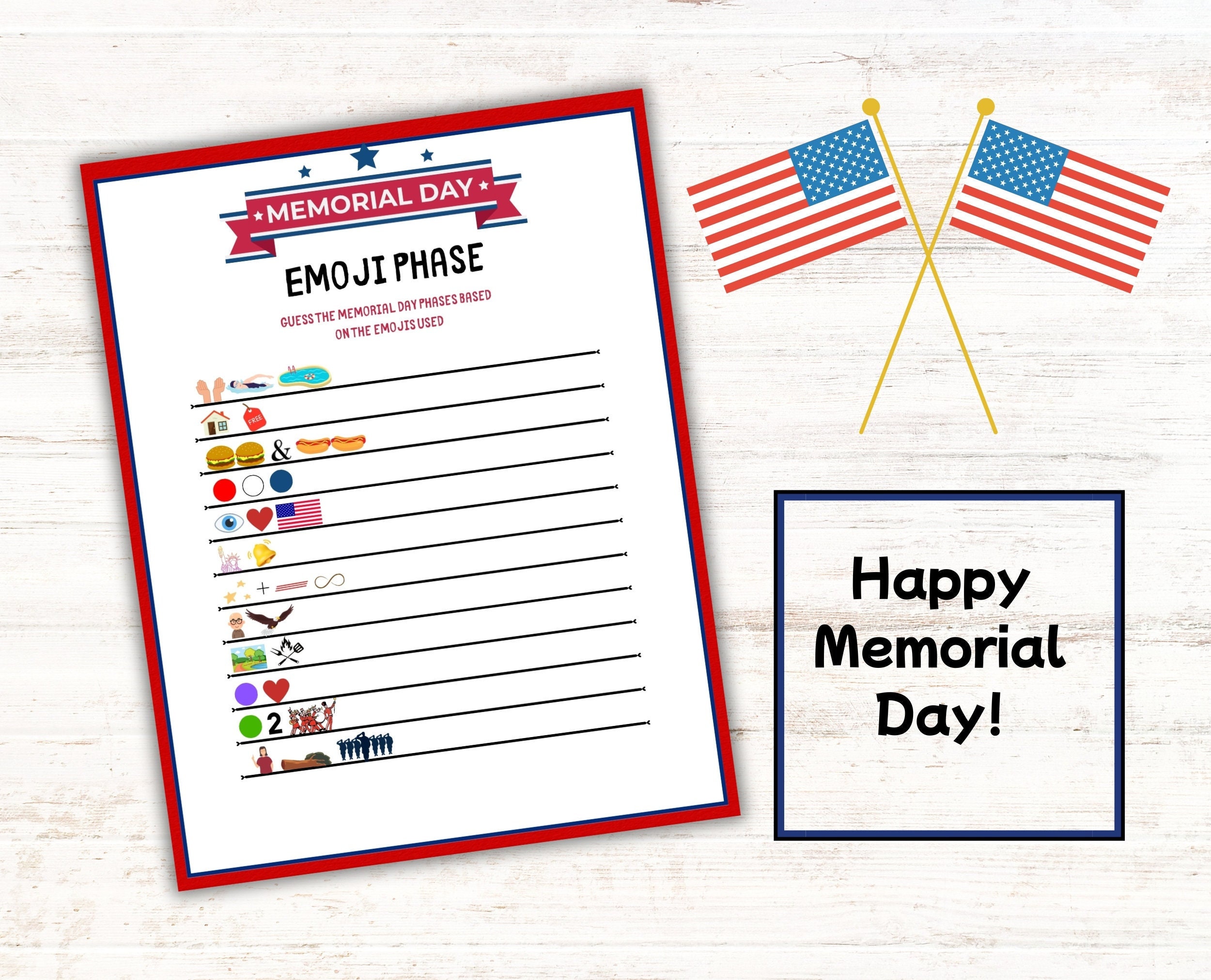 Memorial Day Games Emoji Game Printable Games Digital Download 2 Sizes ...