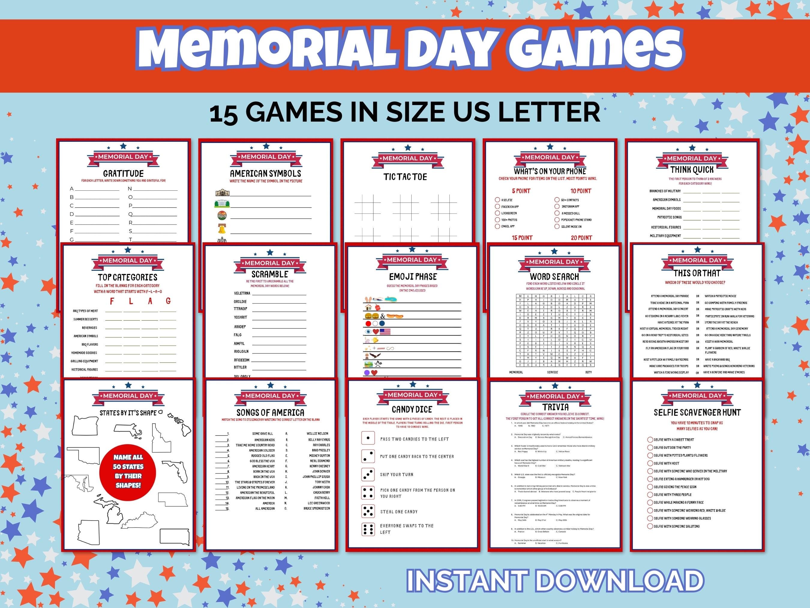Memorial Day Games | Printable Family Activities | Patriotic Games for ...