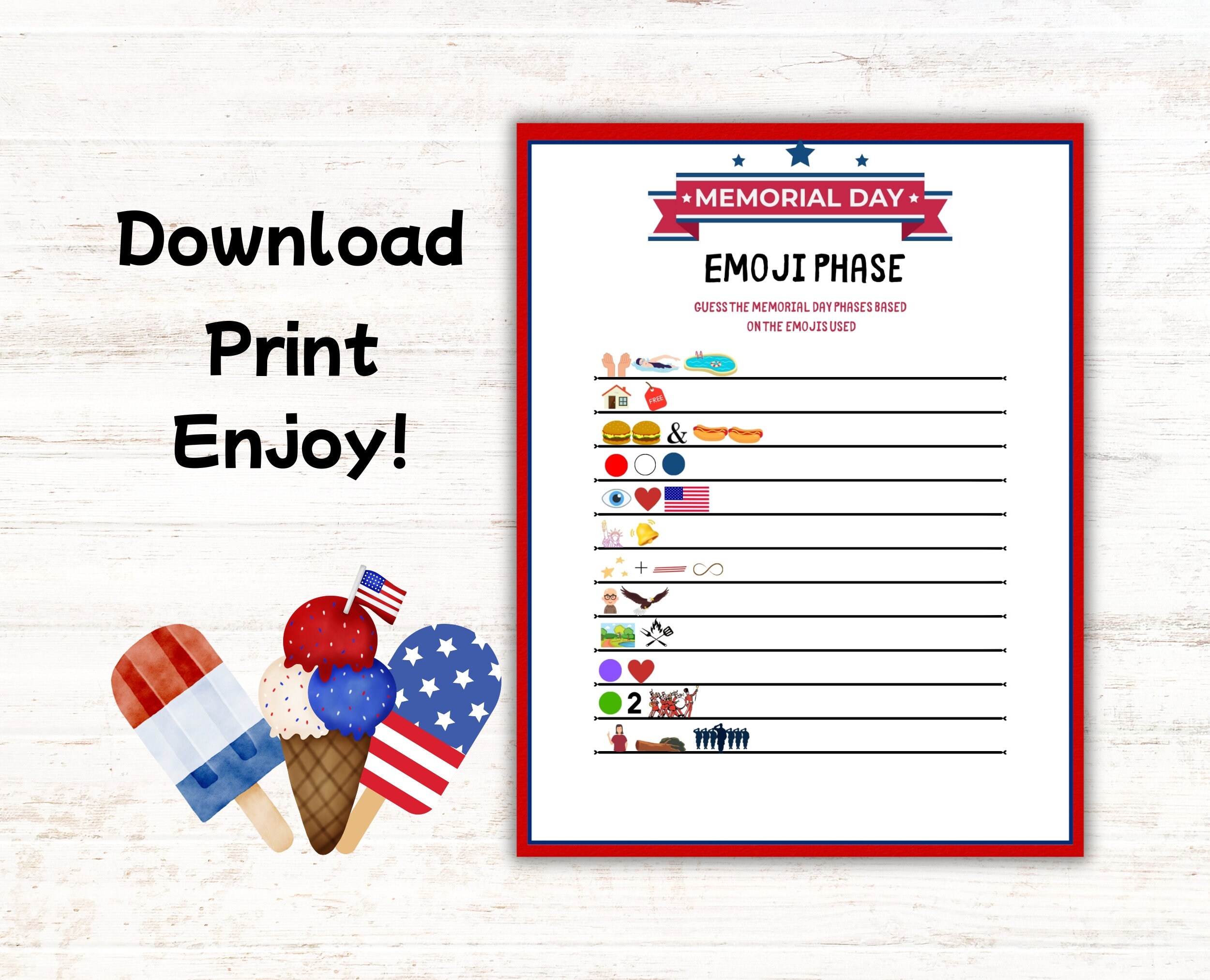 Memorial Day Games Emoji Game Printable Games Digital Download 2 Sizes ...