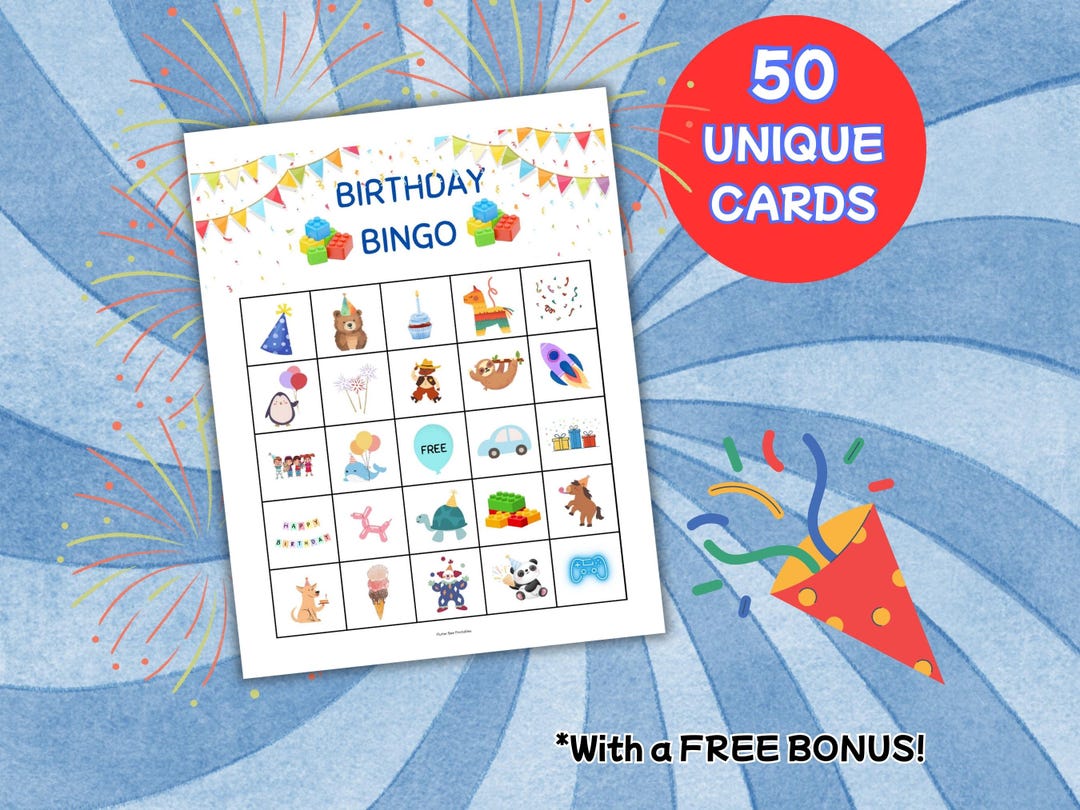 Birthday Bingo Printable Game, 50 Birthday Cards, Fun Kids Party ...