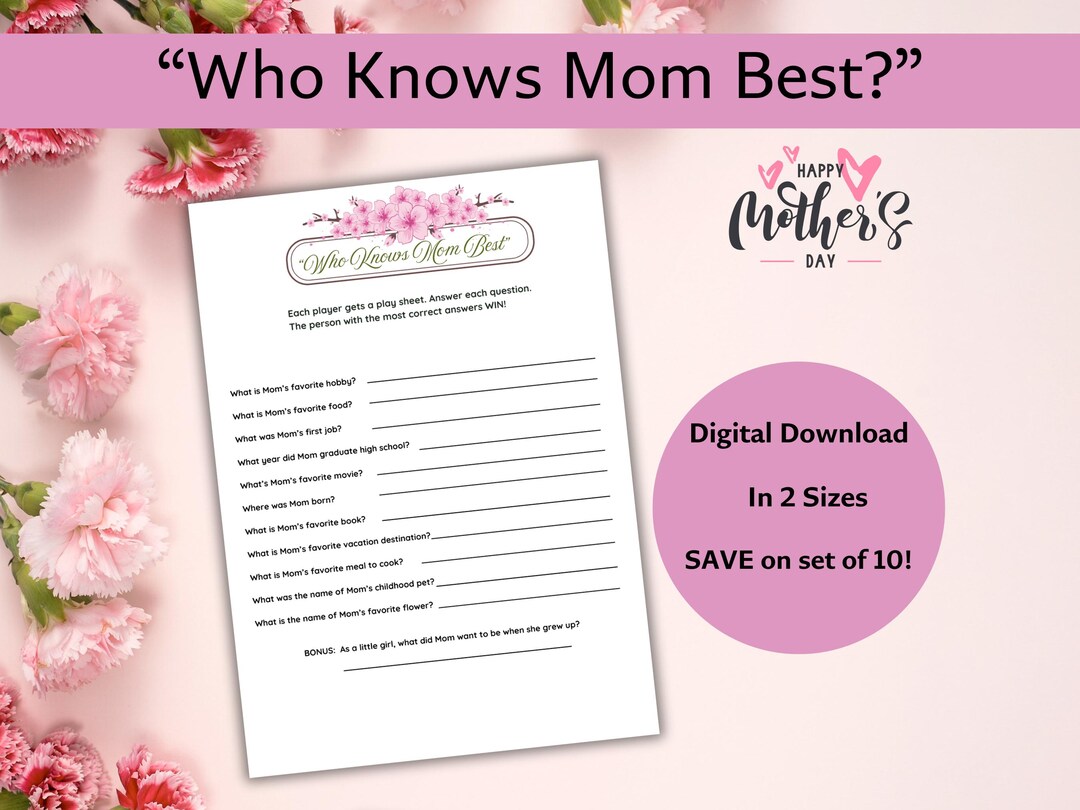 Mothers Day Game | Who Knows Mom Best? | Fun Printable Game for Mom ...