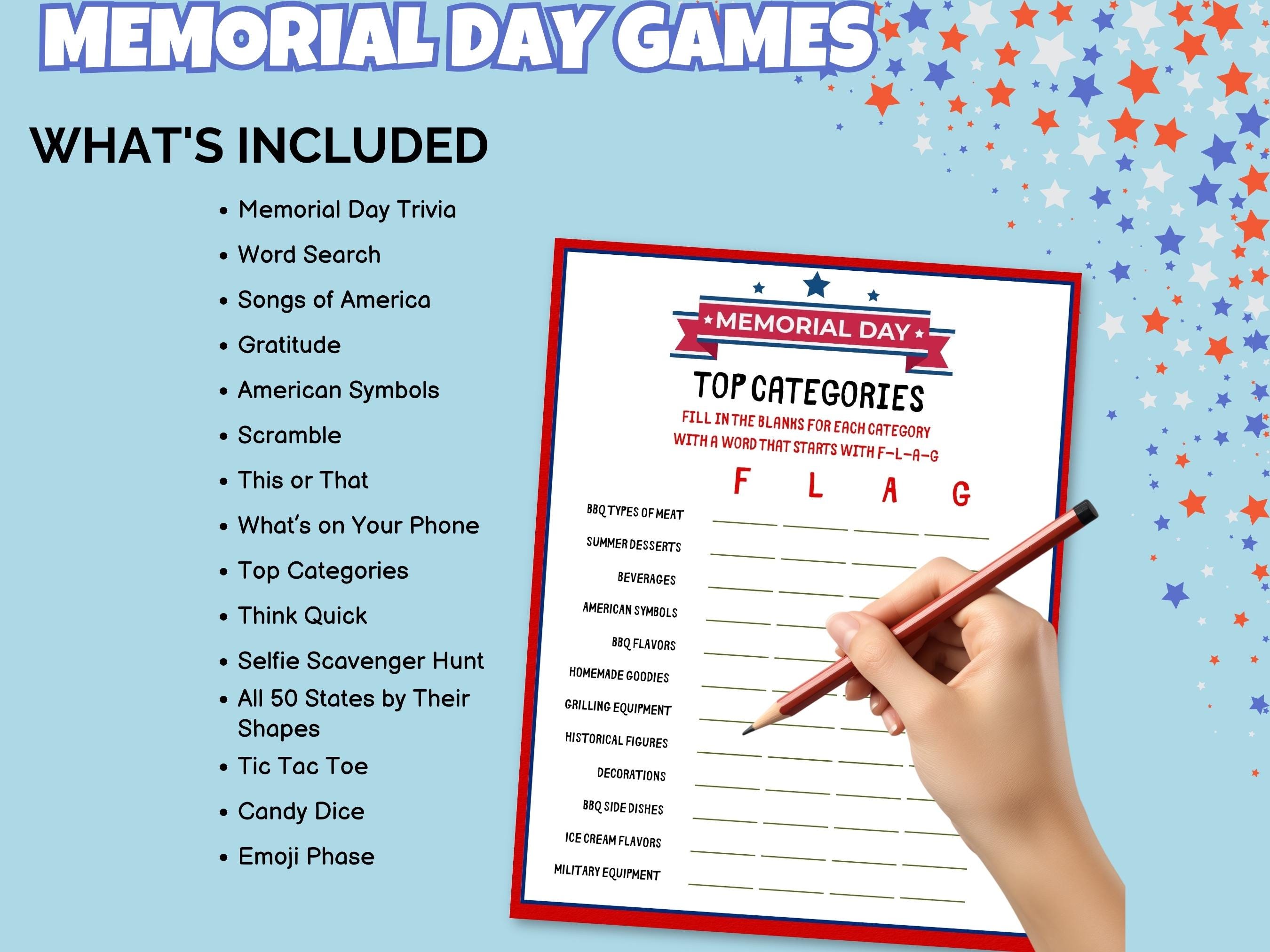Memorial Day Games | Printable Family Activities | Patriotic Games for ...