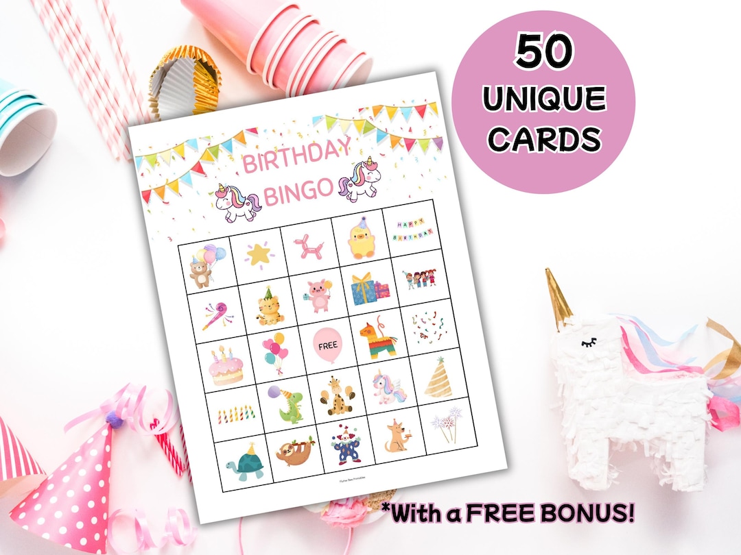 Birthday Bingo Printable Game, 50 Birthday Cards, Fun Kids Party ...