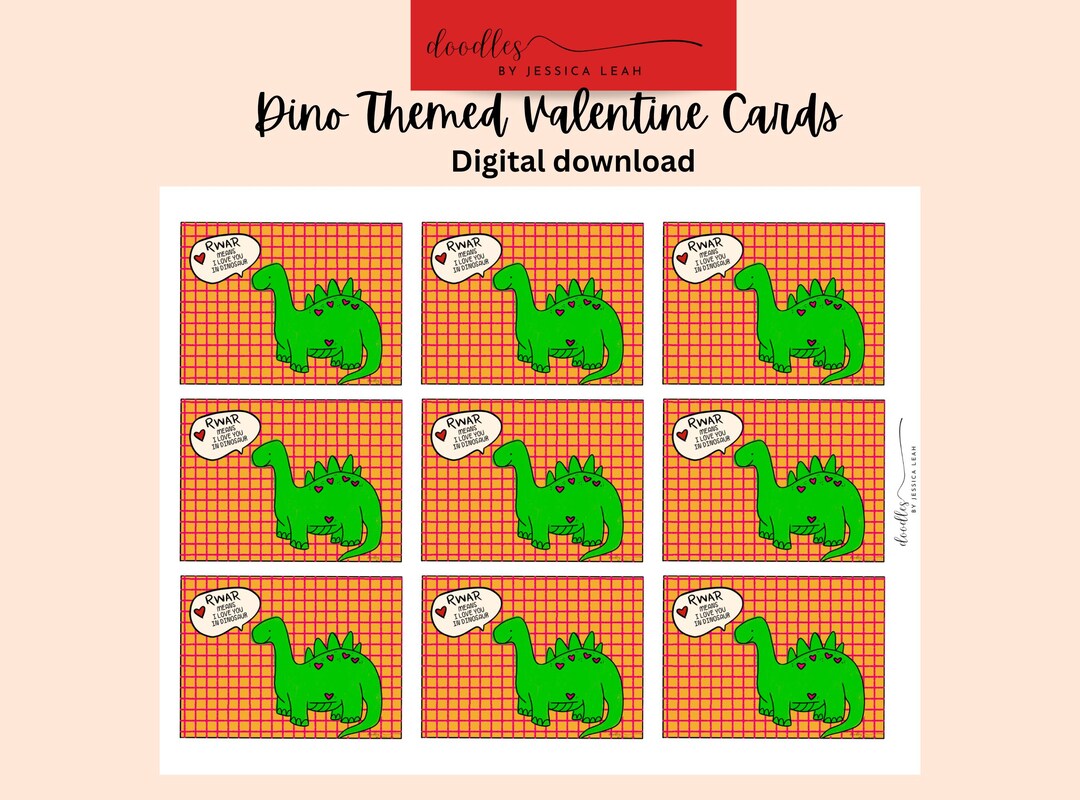 Dinosaur Themed Valentines Cards, Raw Means I Love You in Dinosaur ...