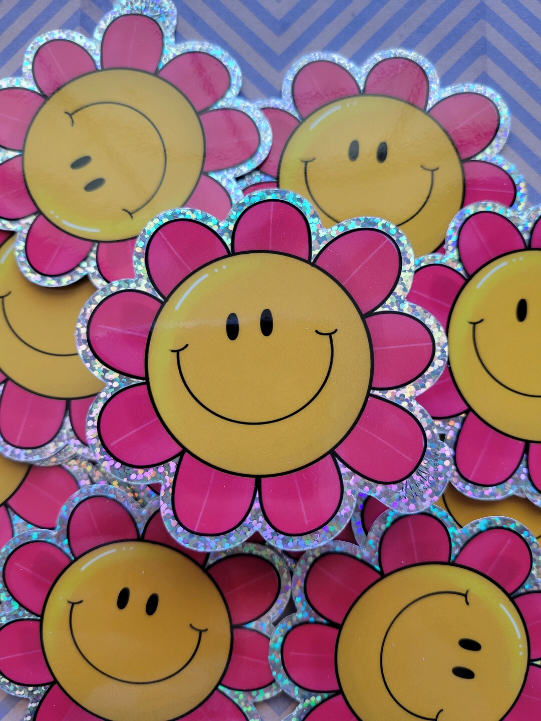 Sparkling Pink Smiley Face Flower Vinyl Sticker - Etsy