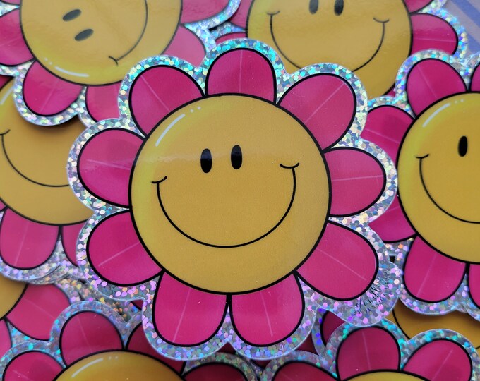 Sparkling Pink Smiley Face Flower Vinyl Sticker - Etsy