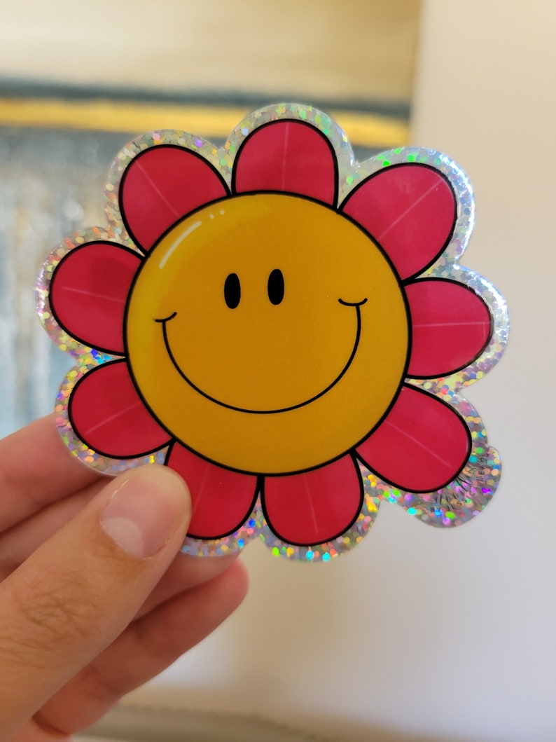 Sparkling Pink Smiley Face Flower Vinyl Sticker - Etsy