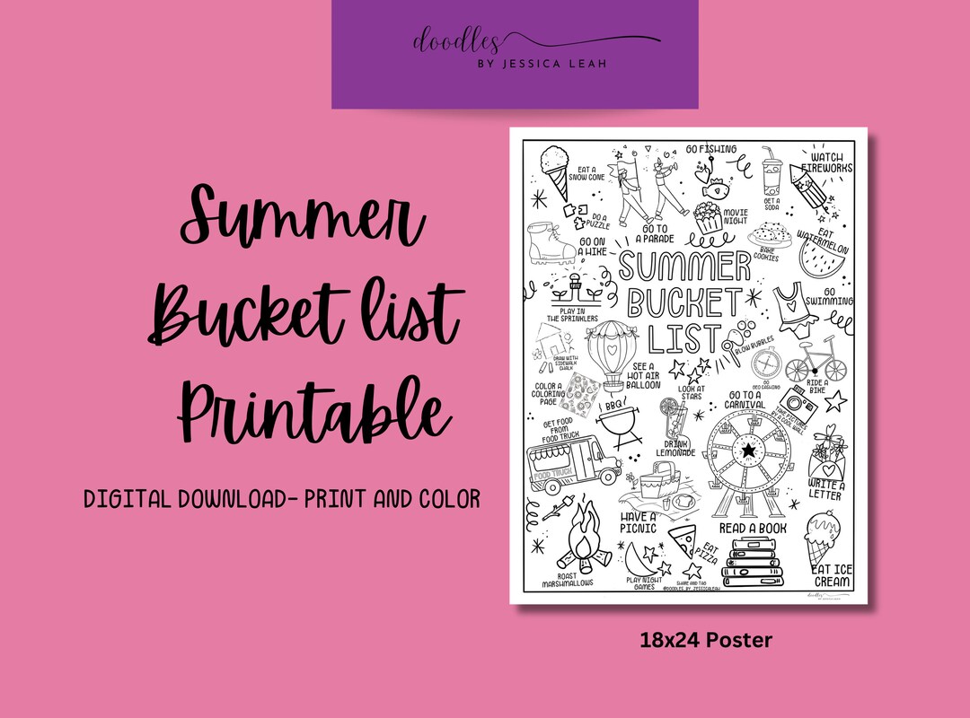 Summer Bucket List Coloring Poster Summer Break Activities Digital ...