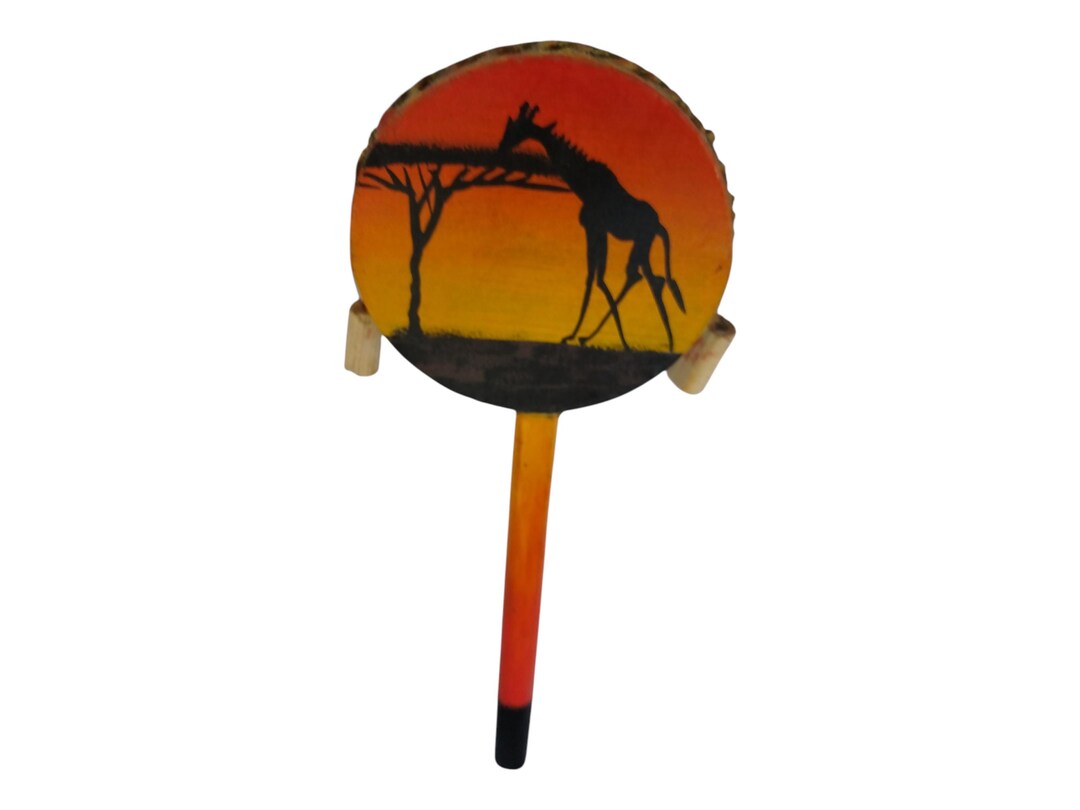 Hand-painted African Tic Tac Drum: Sunset Giraffe Motif, Traditional ...