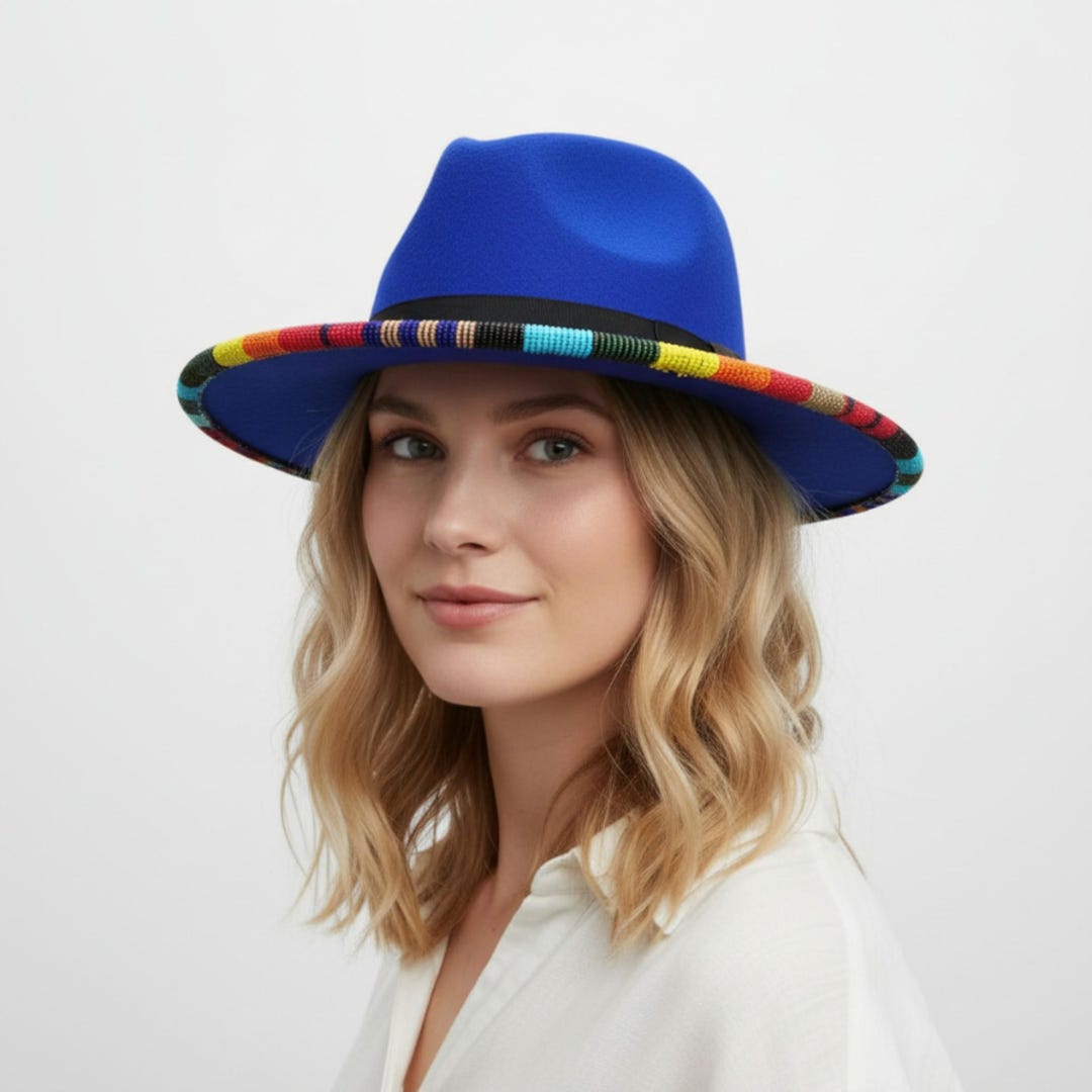 Royal Blue Wool Fedora Hat With African Beaded Brim - Boho Tribal ...