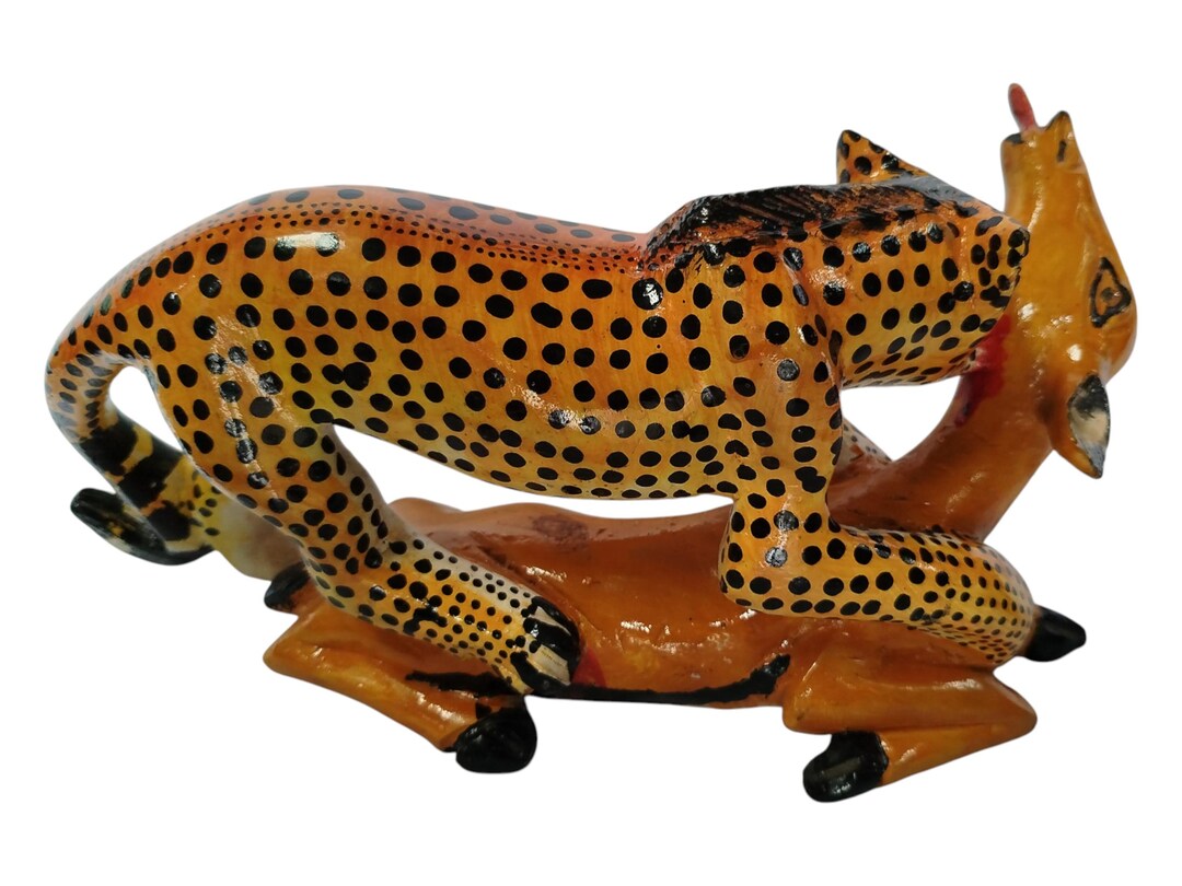 Hand-painted Wooden Leopard Hunting Antelope Sculpture: African ...