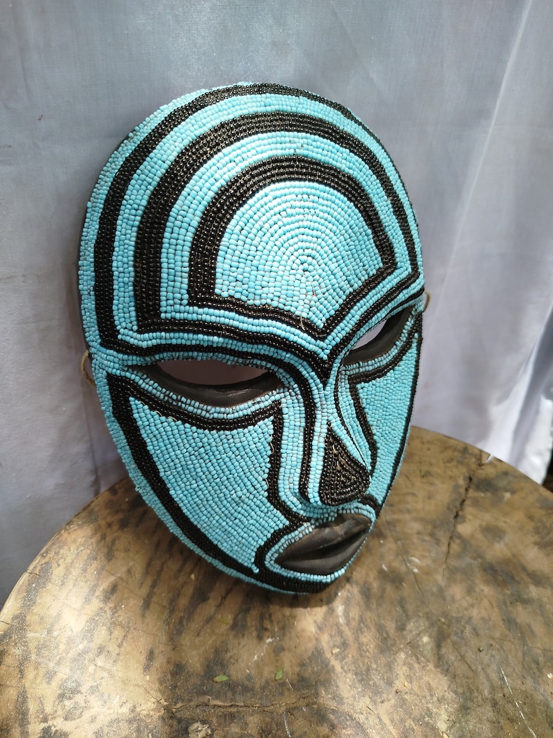 West African Wood Mask: Blue & Black Beaded Wall Hanging - Etsy
