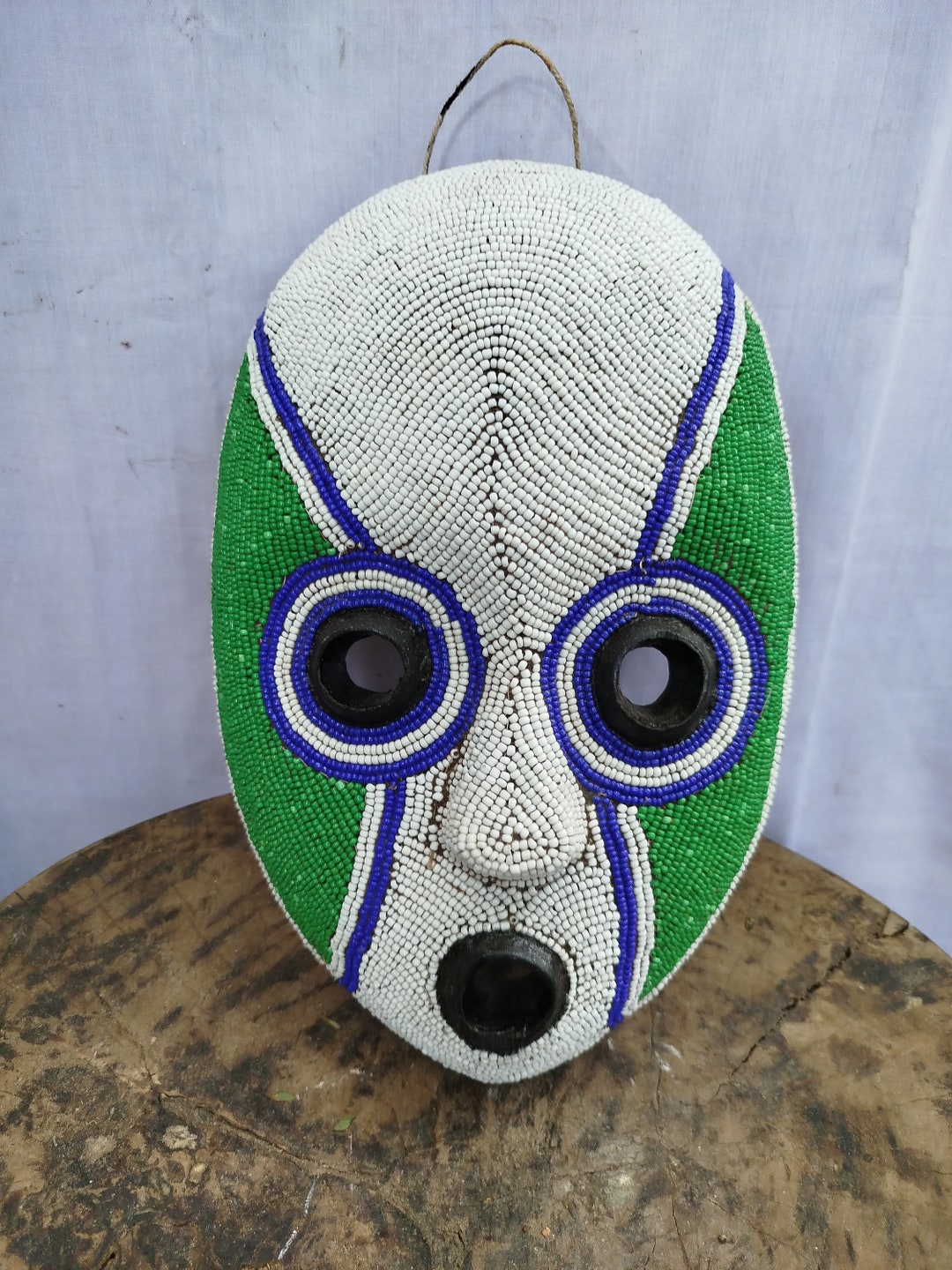Striking West African Mask With White & Green Stripes (hand-carved Wood ...