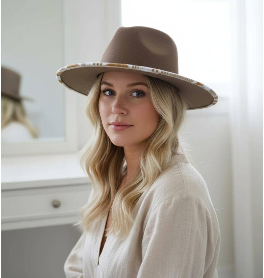 Brown Wool Felt Fedora Hat – Geometric Beaded Brim, Boho Western Style ...