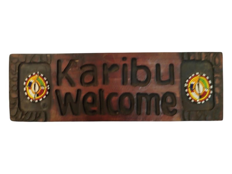 On Sale!! Hand-carved Wooden "karibu Welcome" Sign With Beaded Accents ...