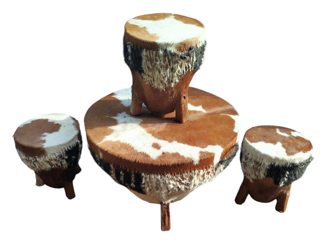 A Handcrafted Kenyan Drum Table Set Cowhide Wood Tribal Furniture ...