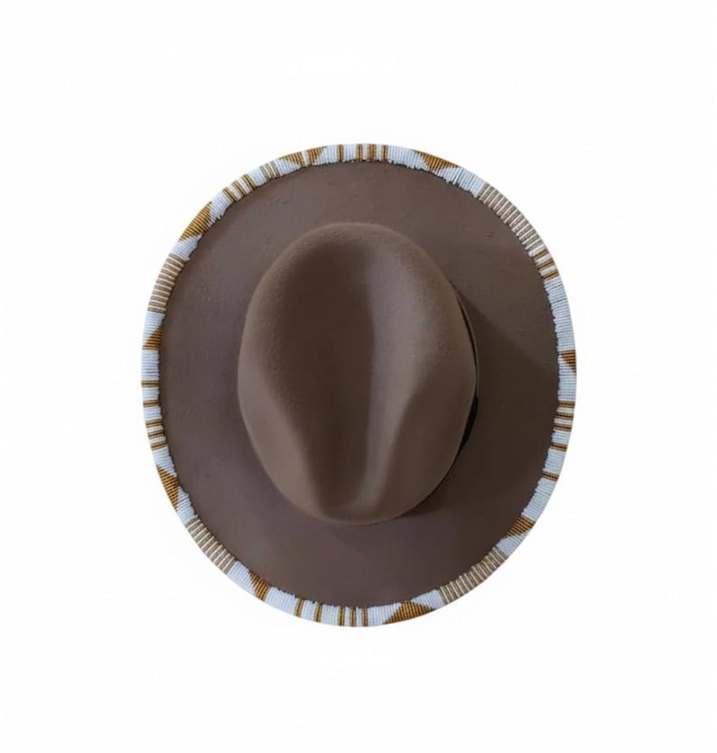 Brown Wool Felt Fedora Hat – Geometric Beaded Brim, Boho Western Style ...