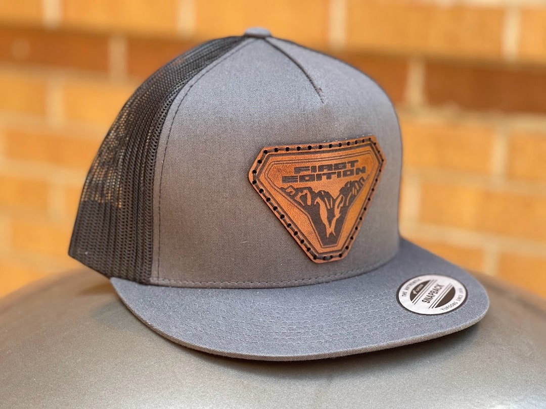 Ford Bronco Leather Badge Trucker Flat Bill Hat- Charcoal/ Black Mesh ...