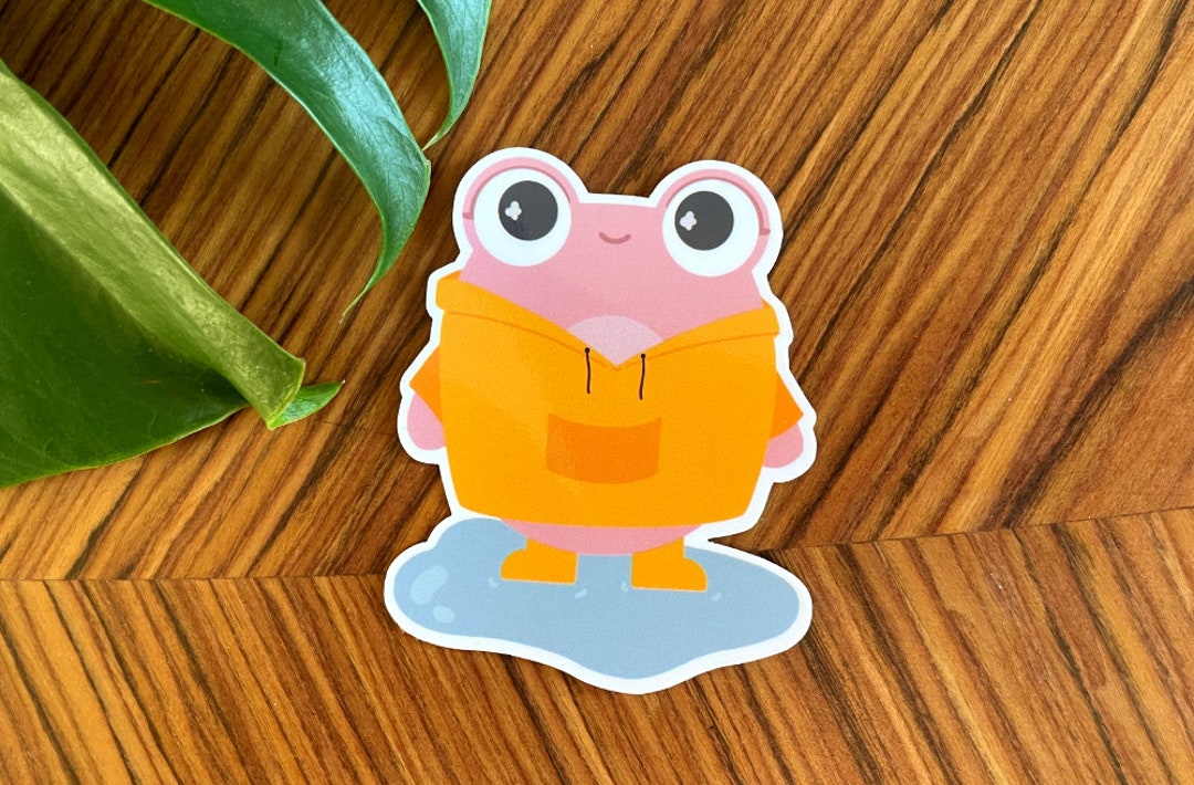 Pink Splash Vinyl Sticker Kawaii Frog in a Raincoat and Wellies Label ...