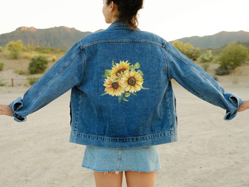 Women's Denim Jacket Sunflowers, Oversized, Jean Jacket for Women ...
