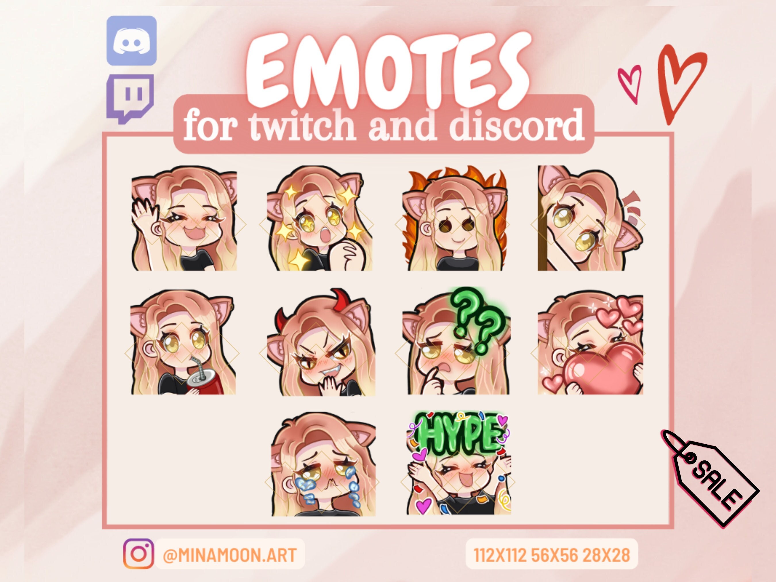 Cute Chibi Cat Ear Emotes, Pink Hair Twitch Emotes, Pink Hair Girl ...