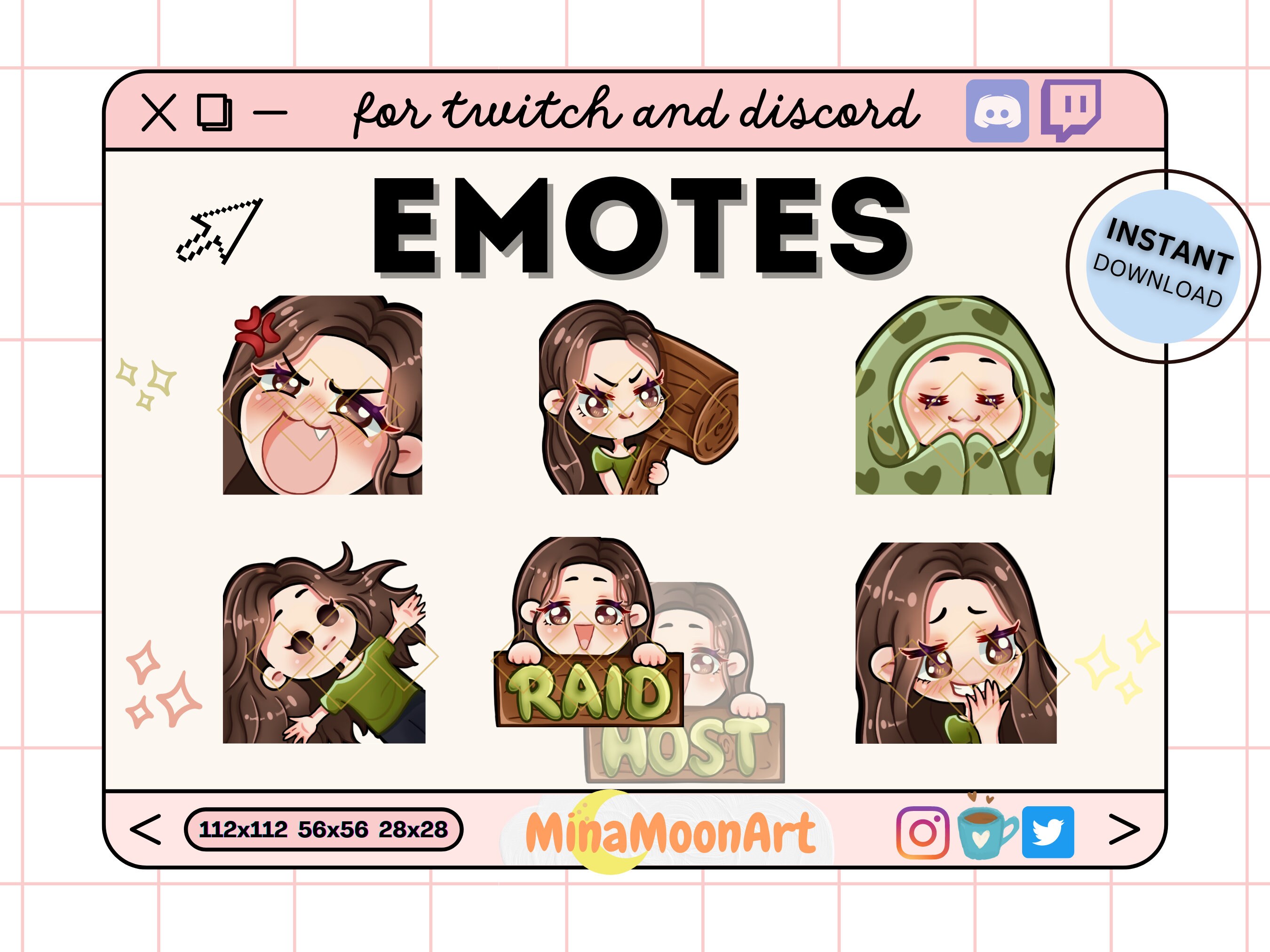 Brown Hair Girl Emotes Set 1 1/2, Brown Hair Twitch Emotes, Twitch ...