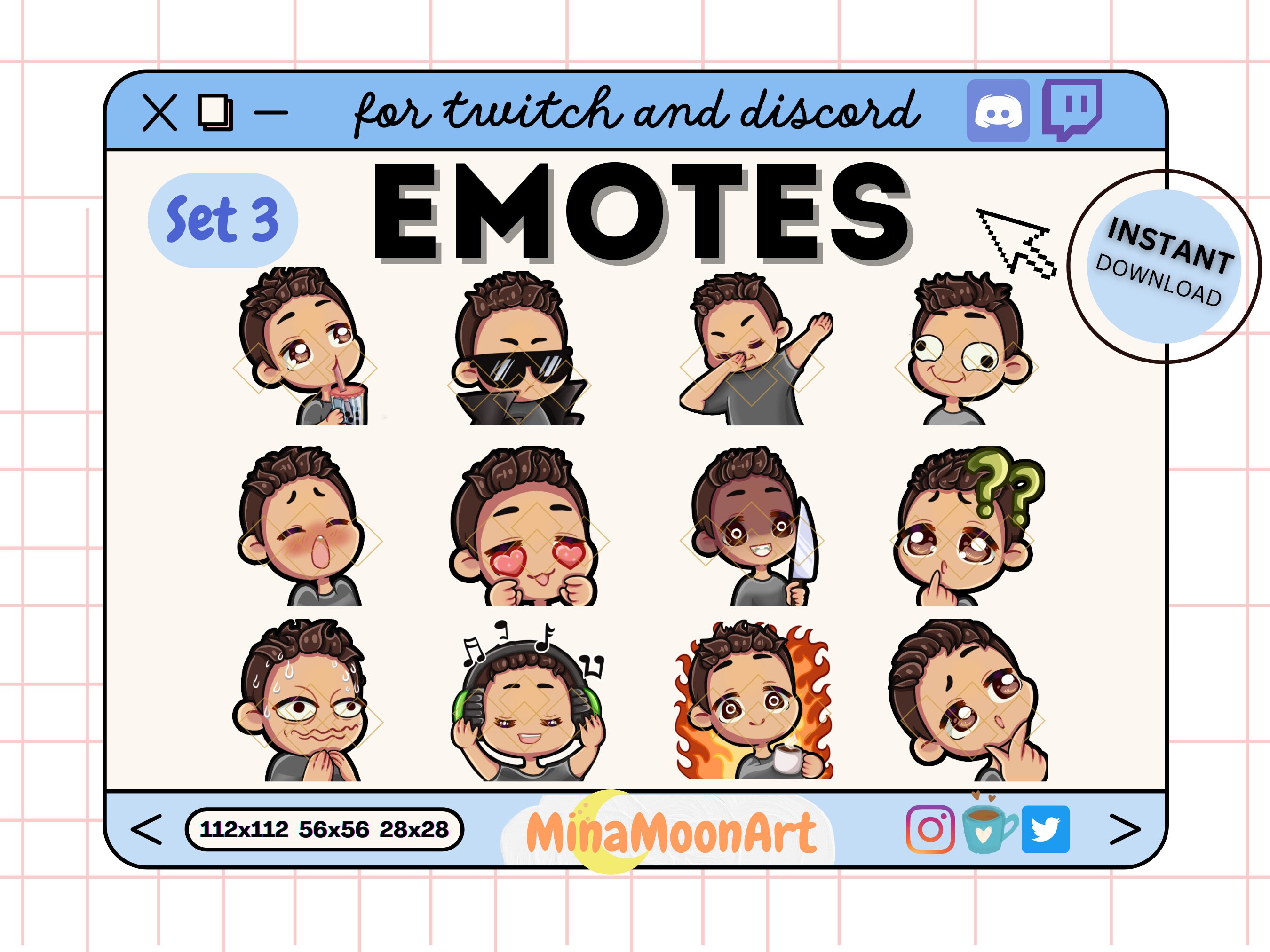 Brown Hair Twitch Emotes Set 3, Brown Hair Boy Emotes, Twitch Emotes ...