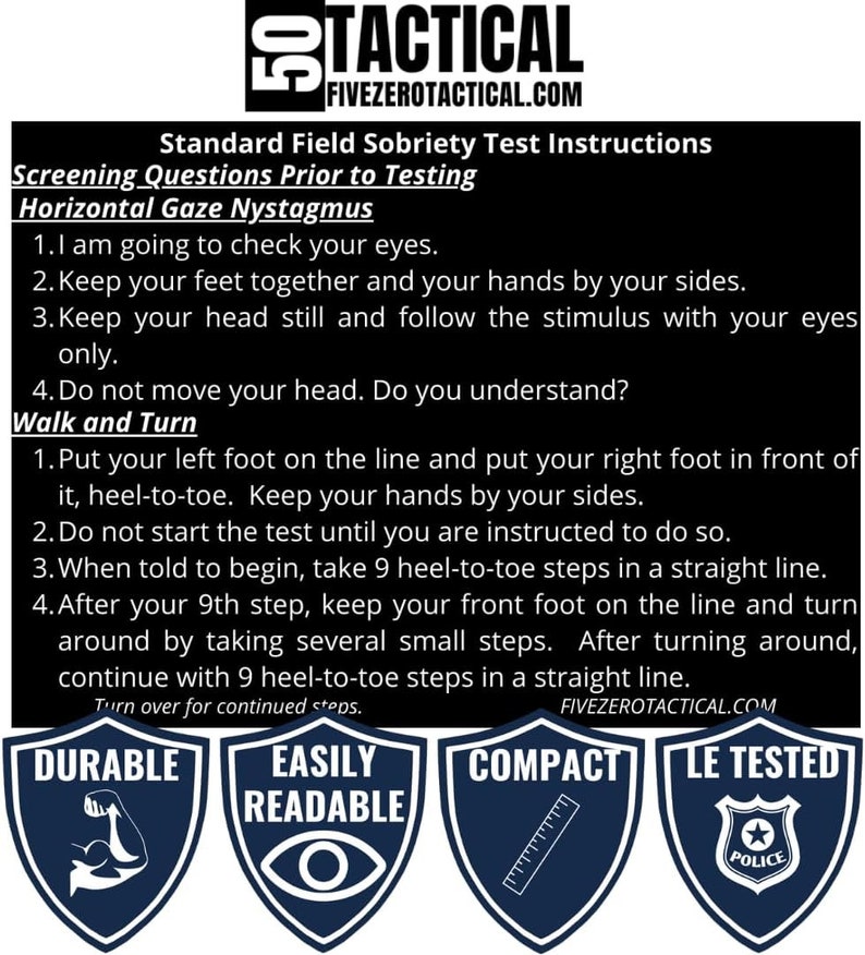 Engraved Metal SFST Card Standardized Field Sobriety Test Instruction ...