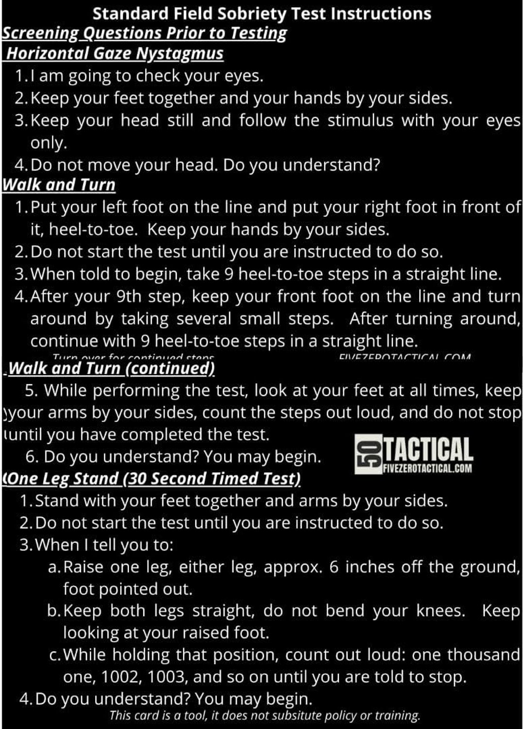 Engraved Metal SFST Card Standardized Field Sobriety Test Instruction ...