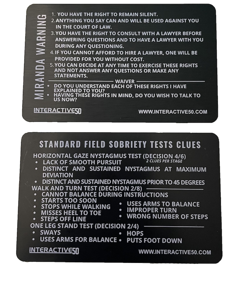 2 PACK Laser Etched Metal Miranda / Standard Field Sobriety Test Clues ...