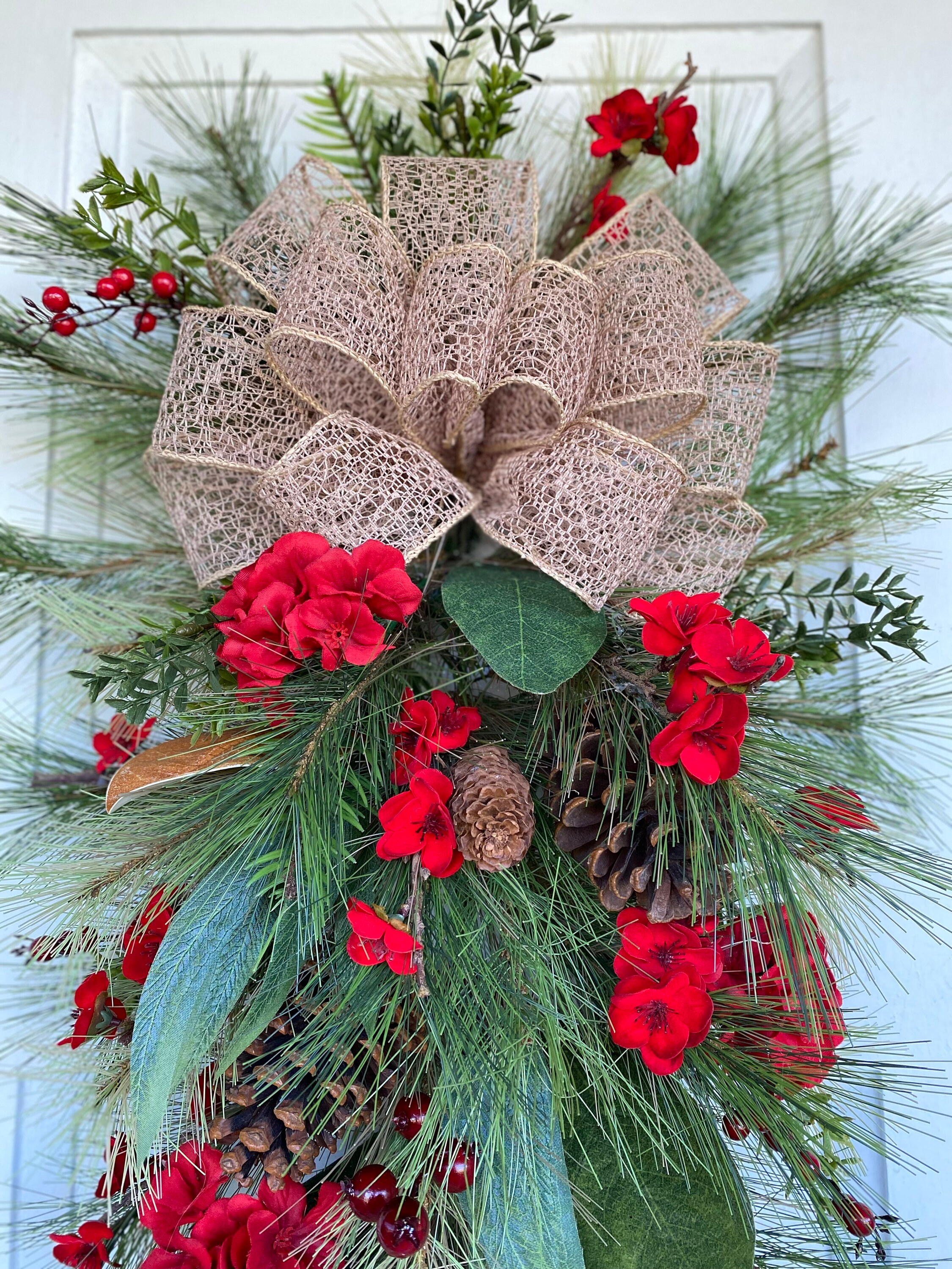 Rustic Holiday Teardrop Swag, Red Blossom Christmas Swag, Long Needle ...