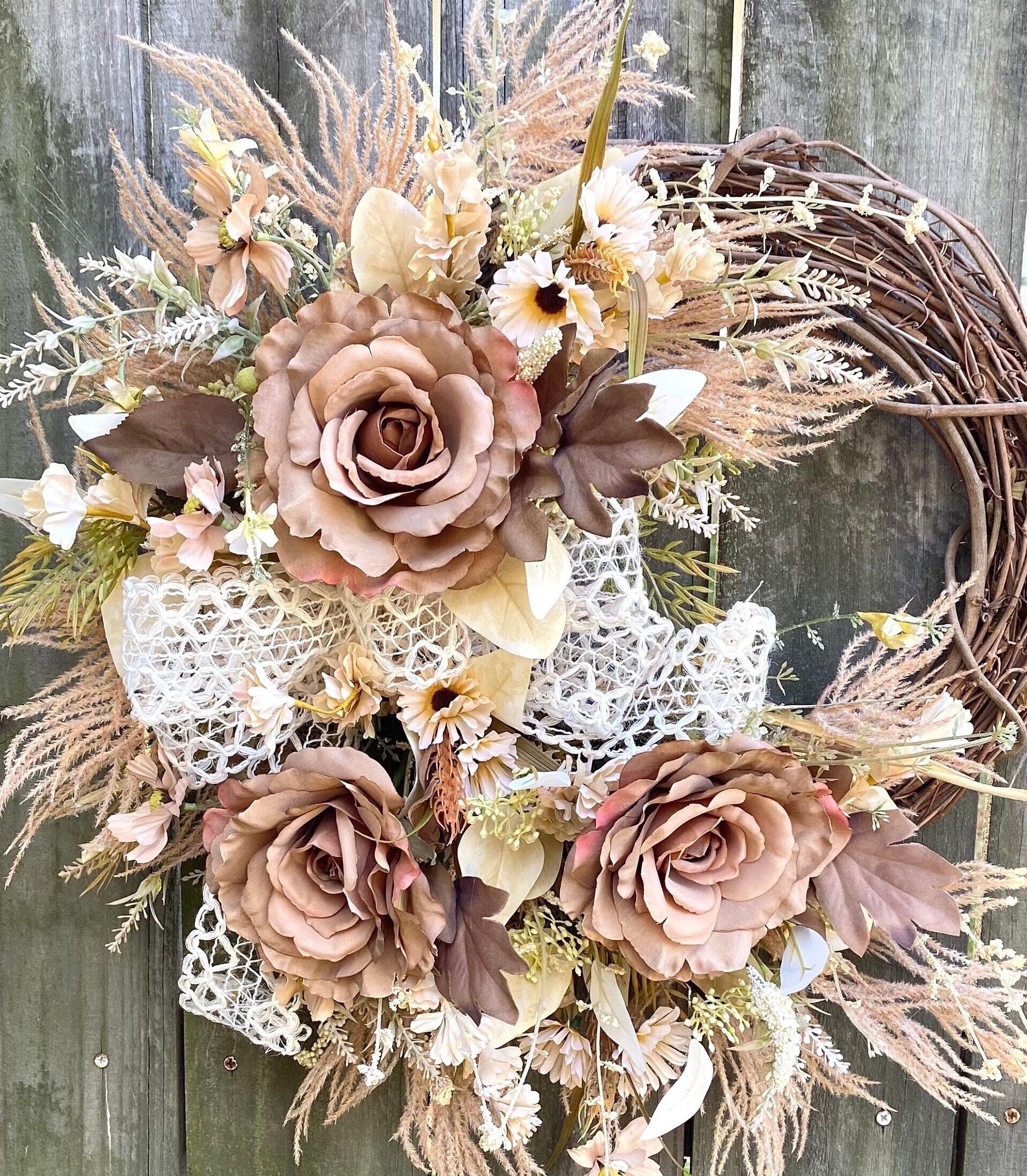 Boho Wreath, Neutral Home Decor Wreath With Rose's, Everyday Wreath ...