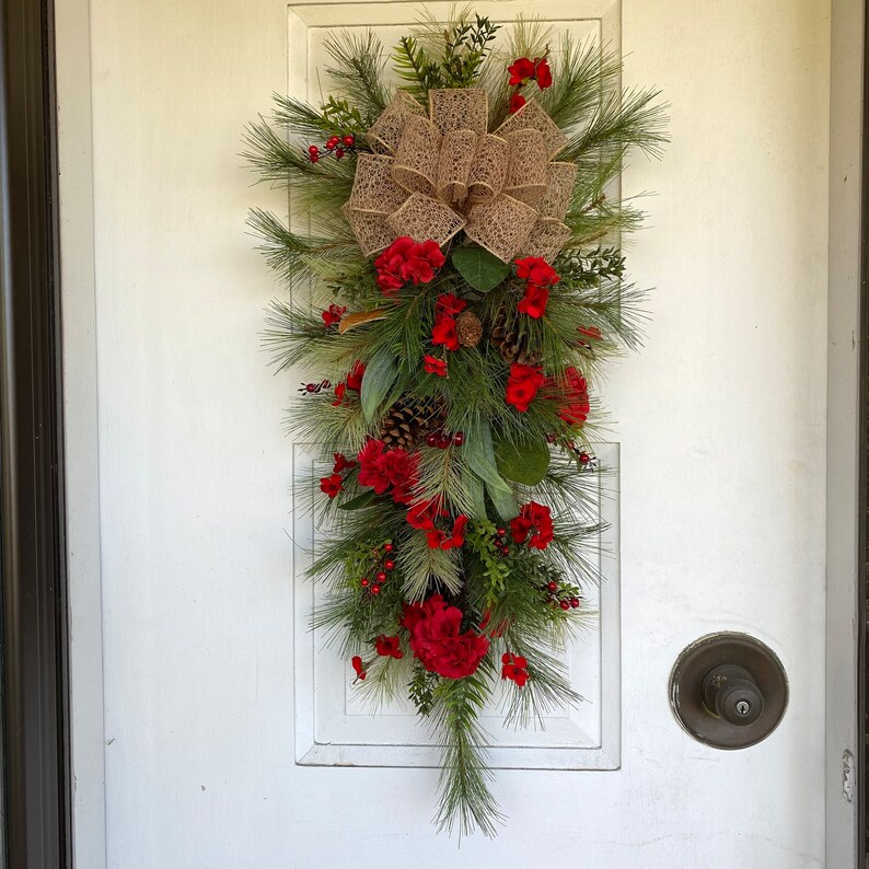 Rustic Holiday Teardrop Swag, Red Blossom Christmas Swag, Long Needle ...