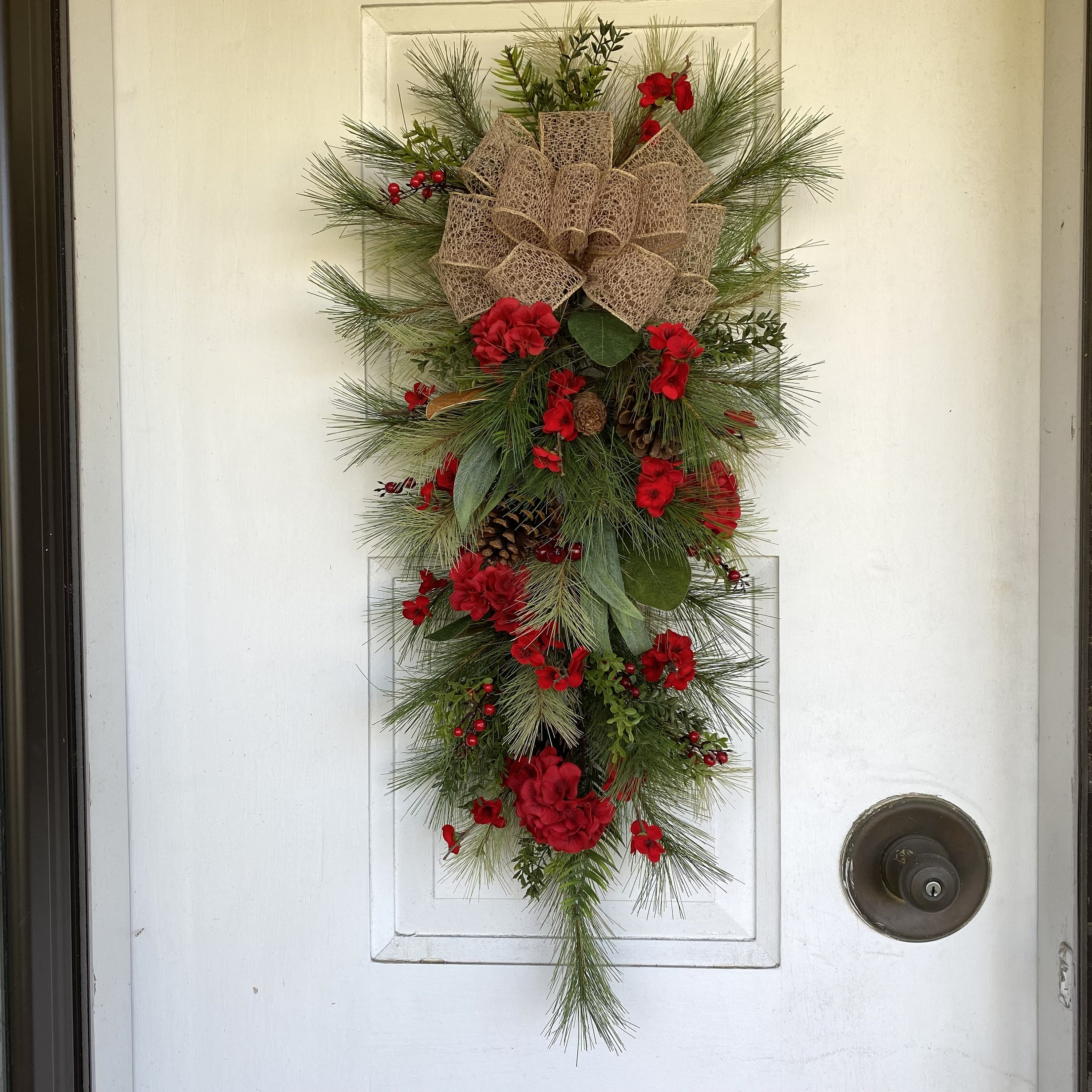 Rustic Holiday Teardrop Swag, Red Blossom Christmas Swag, Long Needle ...