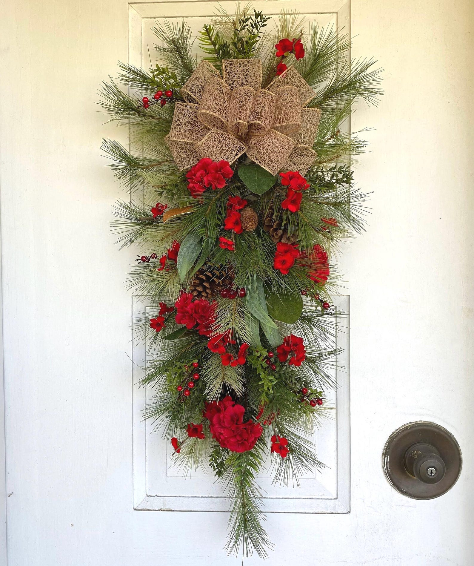 Rustic Holiday Teardrop Swag, Red Blossom Christmas Swag, Long Needle ...
