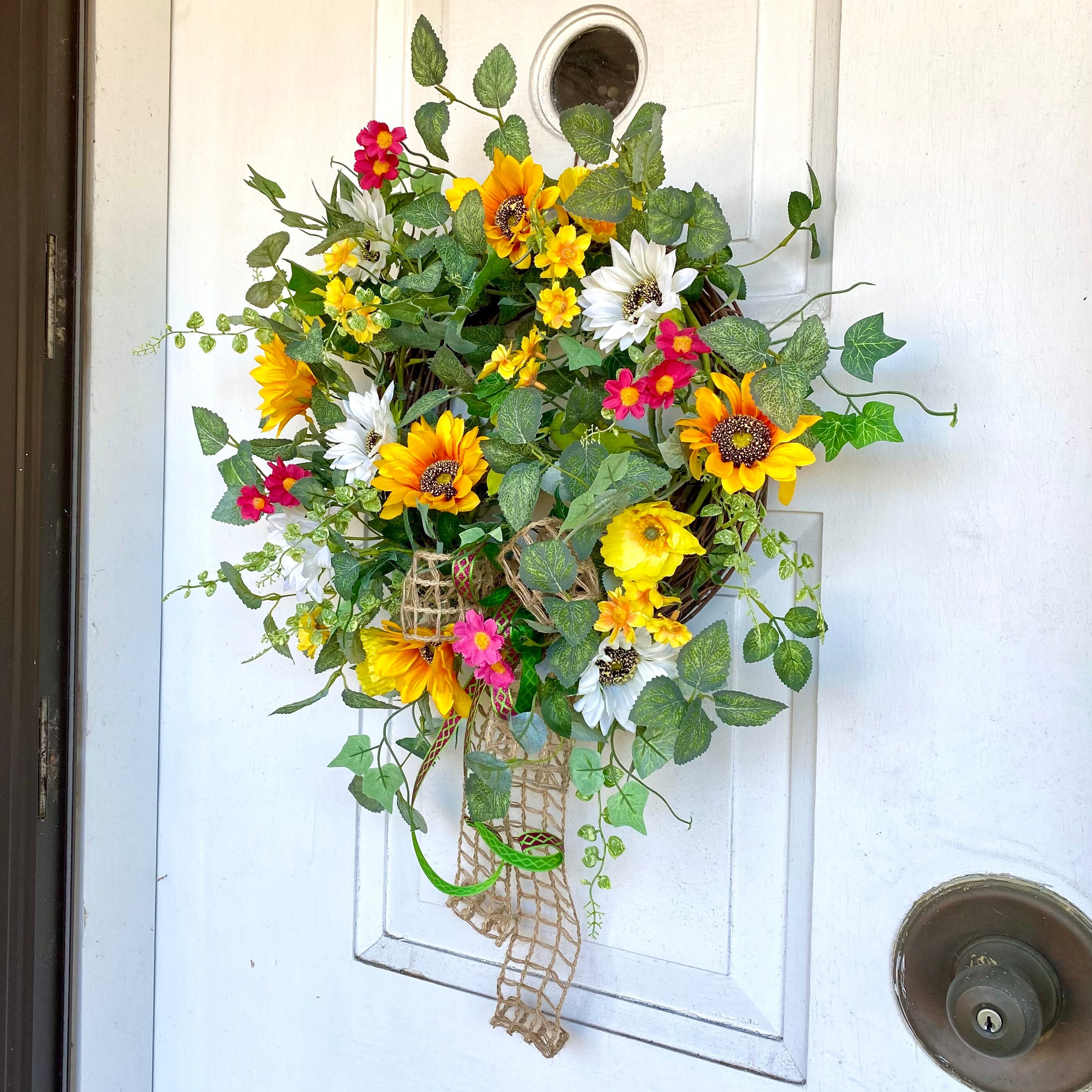 Sunflower Wreath for Front Door, Sunflower and Daisy Wreath, Front Door ...