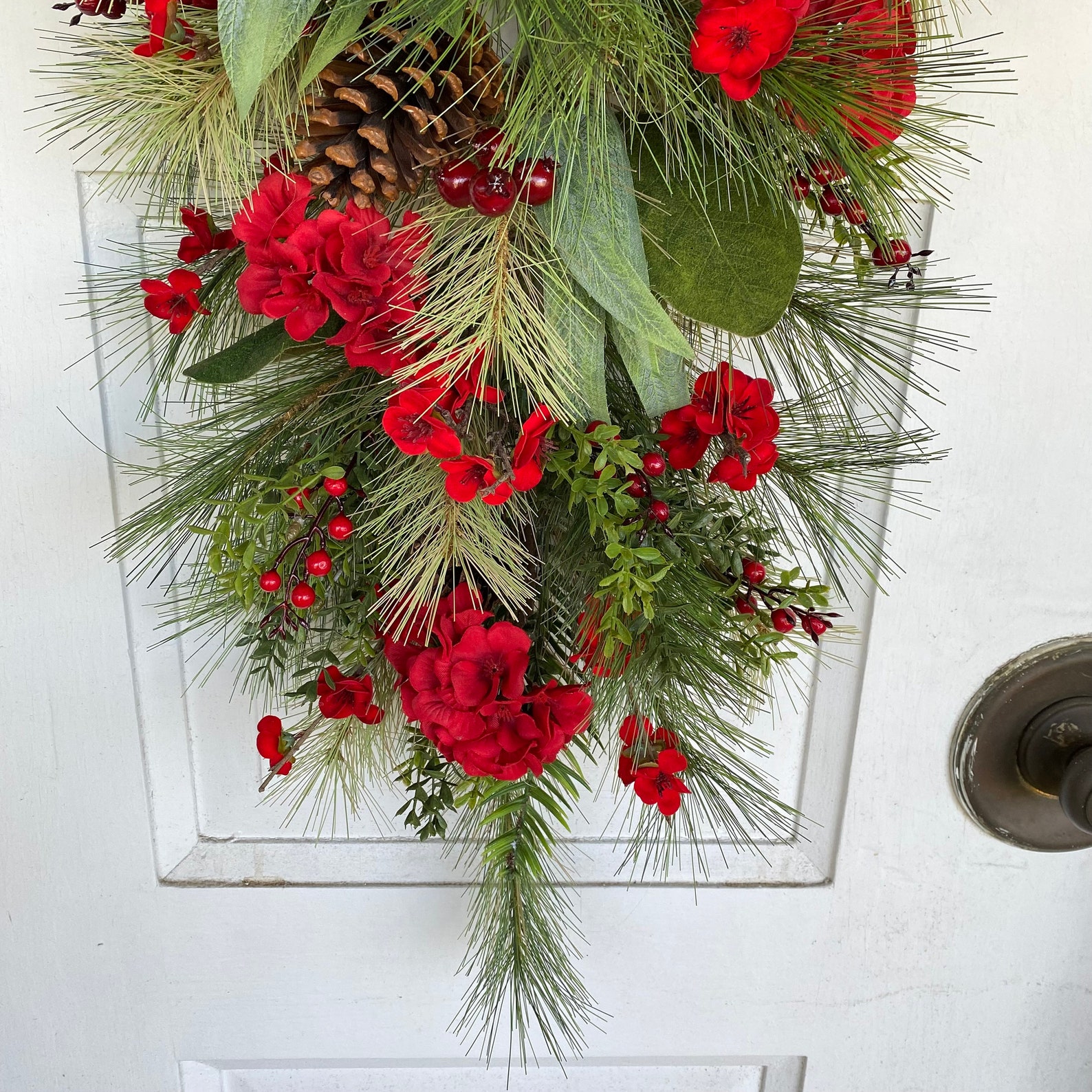 Rustic Holiday Teardrop Swag, Red Blossom Christmas Swag, Long Needle ...
