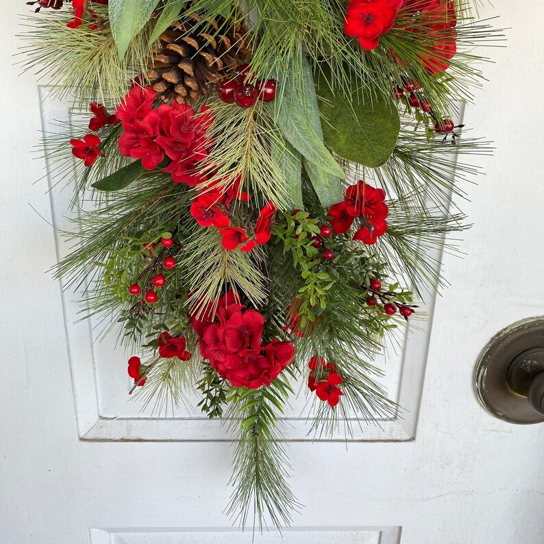 Rustic Holiday Teardrop Swag, Red Blossom Christmas Swag, Long Needle ...