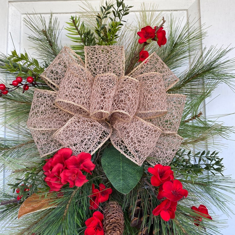 Rustic Holiday Teardrop Swag, Red Blossom Christmas Swag, Long Needle ...